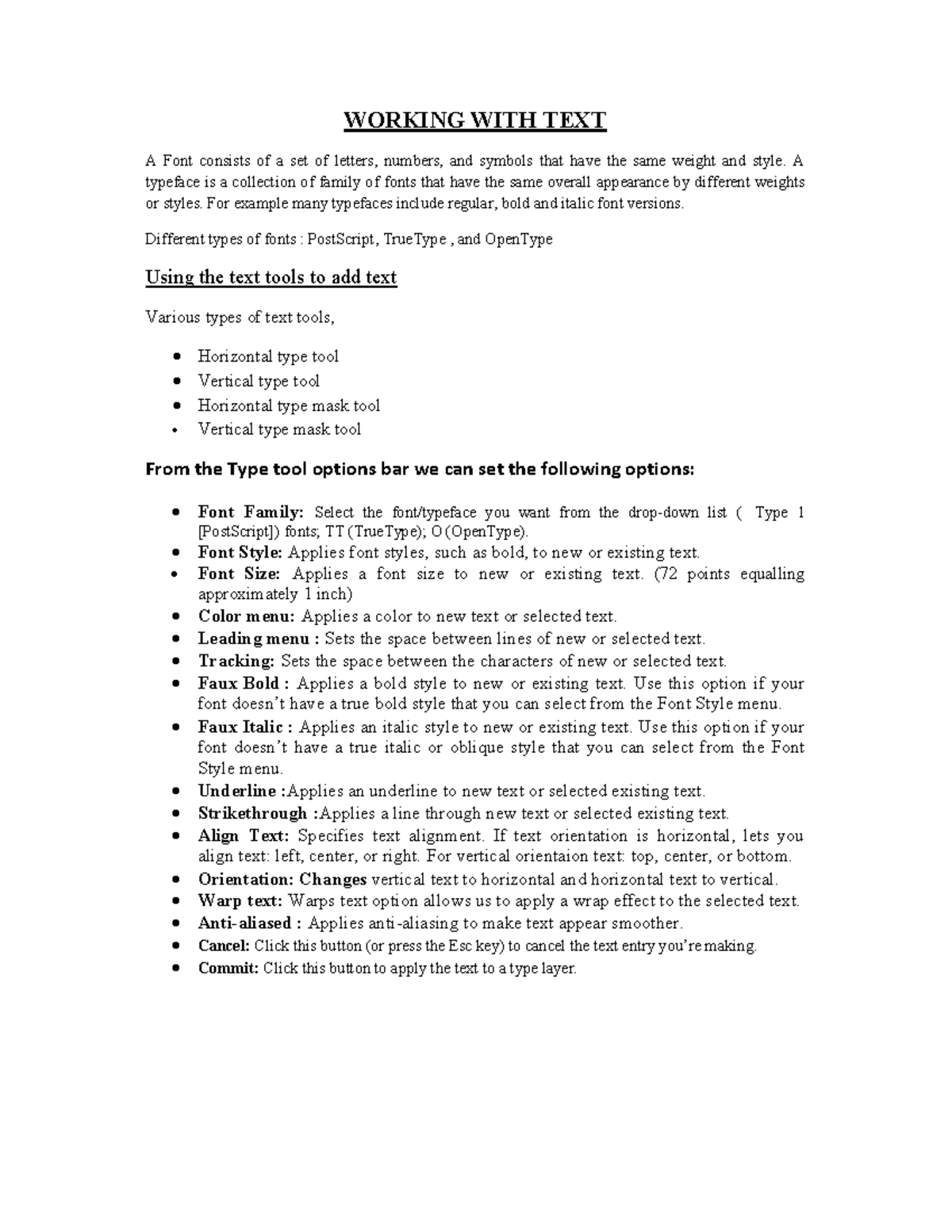 Photoshop Working with text - WORKING WITH TEXT A Font consists of a ...