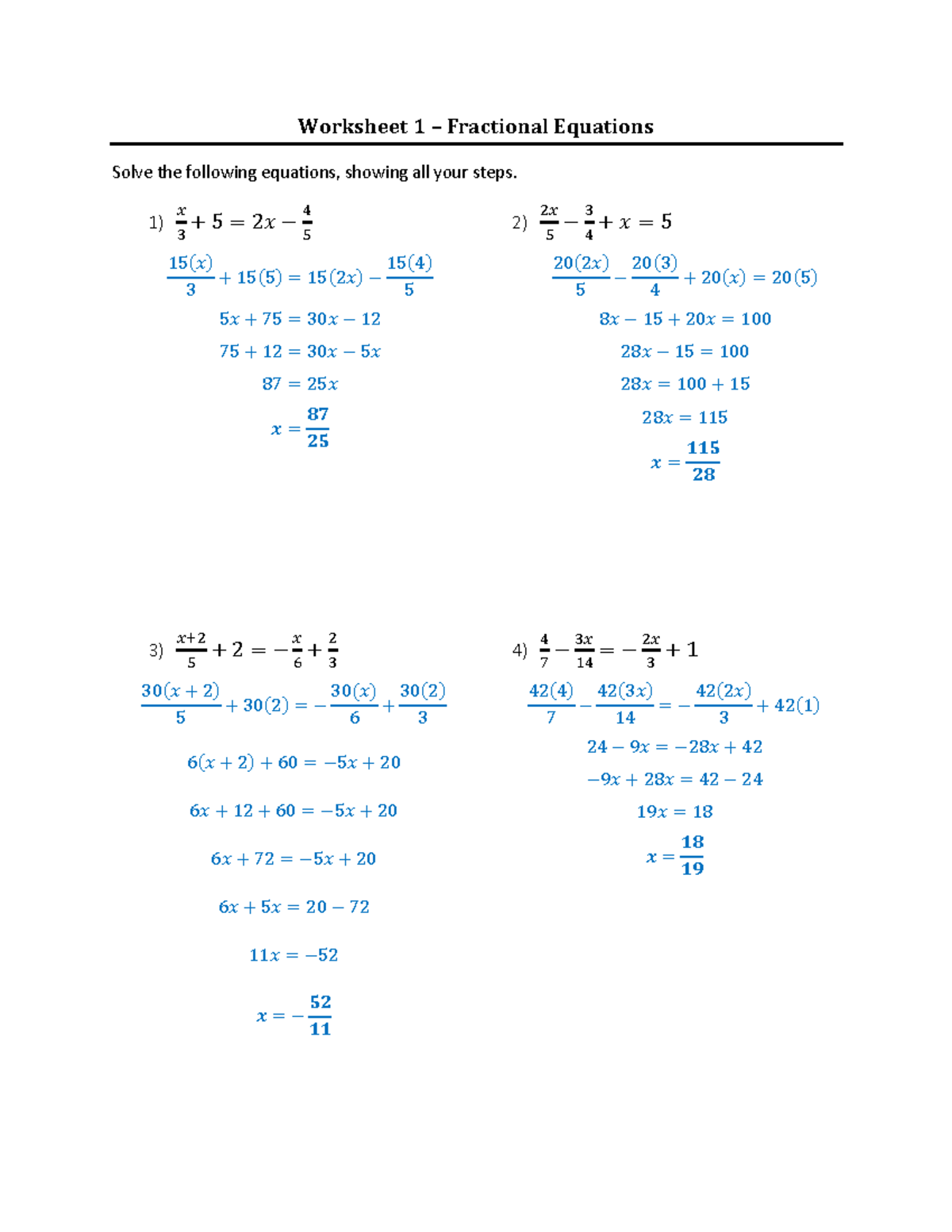 Worksheets - Week 6 - 4 Solving fractional equations Solutions ...