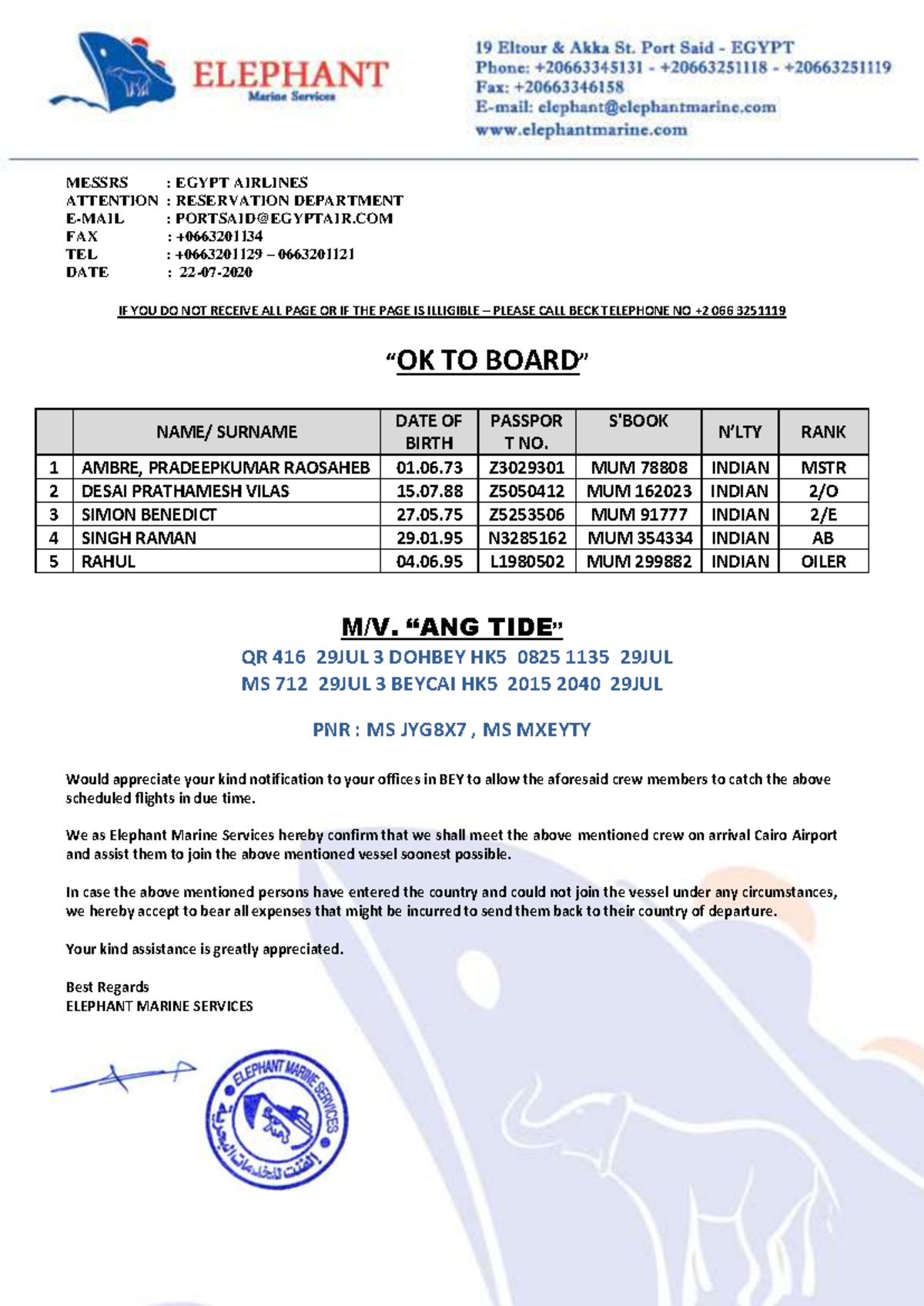 ANG TIDE - OKTB 1 - NIL - MESSRS : EGYPT AIRLINES ATTENTION ...
