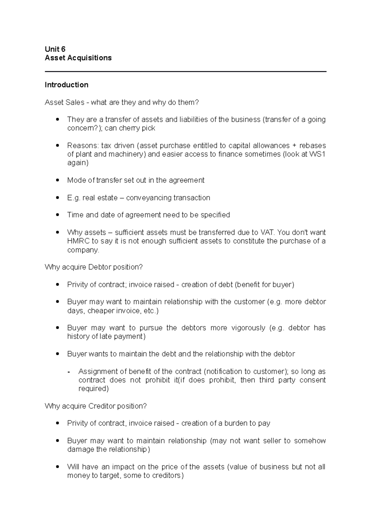 MA WS 6 - Asset Acquisitions - Unit 6 Asset Acquisitions Introduction Asset Sales - what are ...