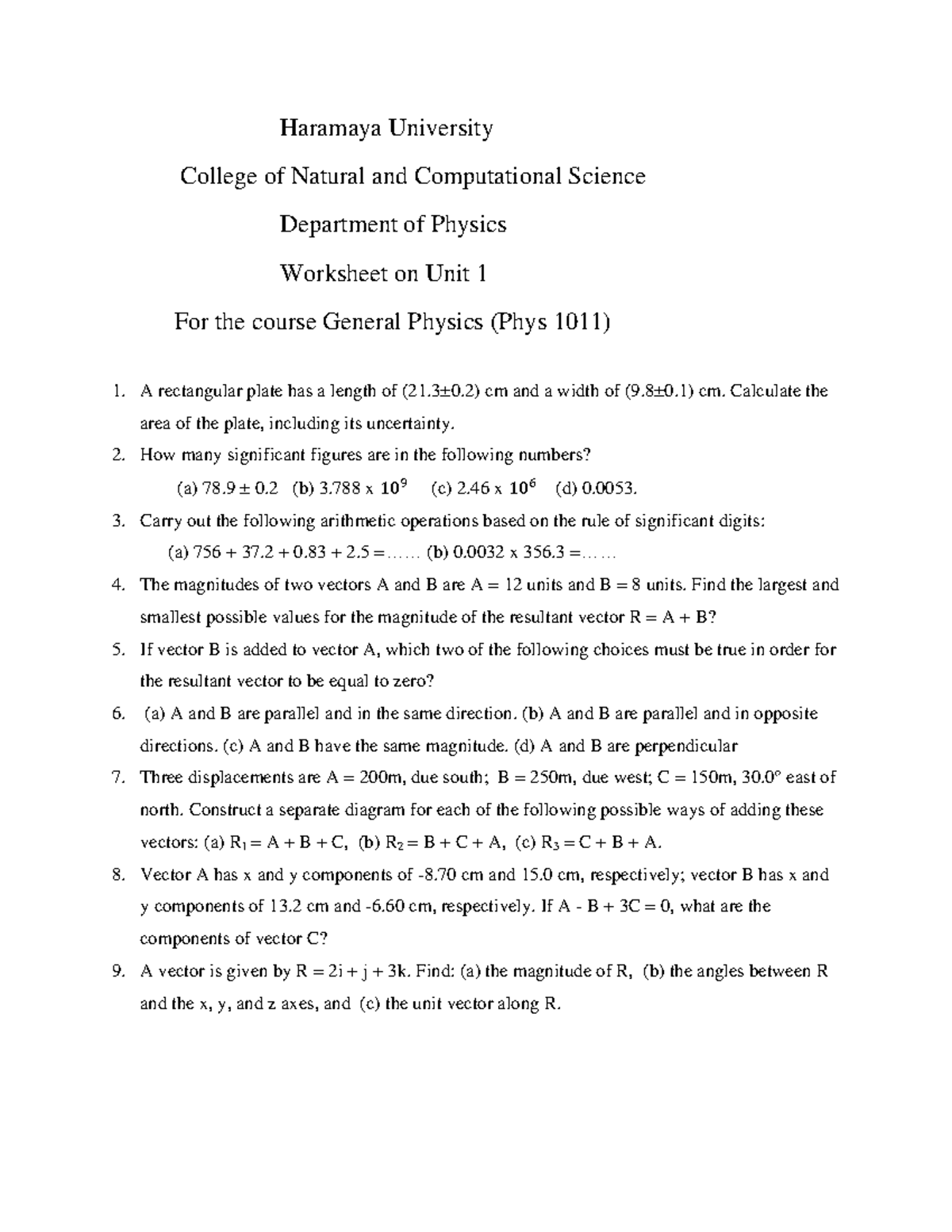 Worksheet from unit one - Haramaya University College of Natural and ...