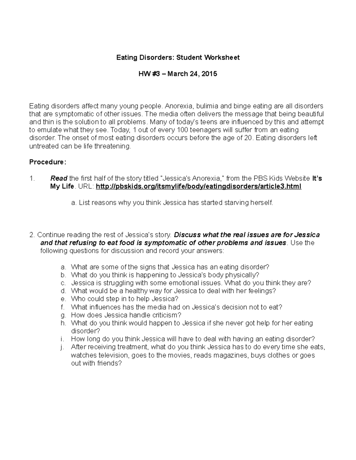 Anorexia Story - work - Eating Disorders: Student Worksheet HW #3 ...
