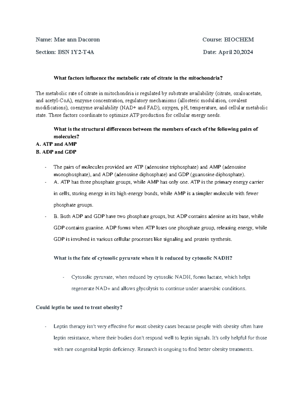 Biochem activity - Name: Mae ann Dacoron Course: BIOCHEM Section: BSN ...