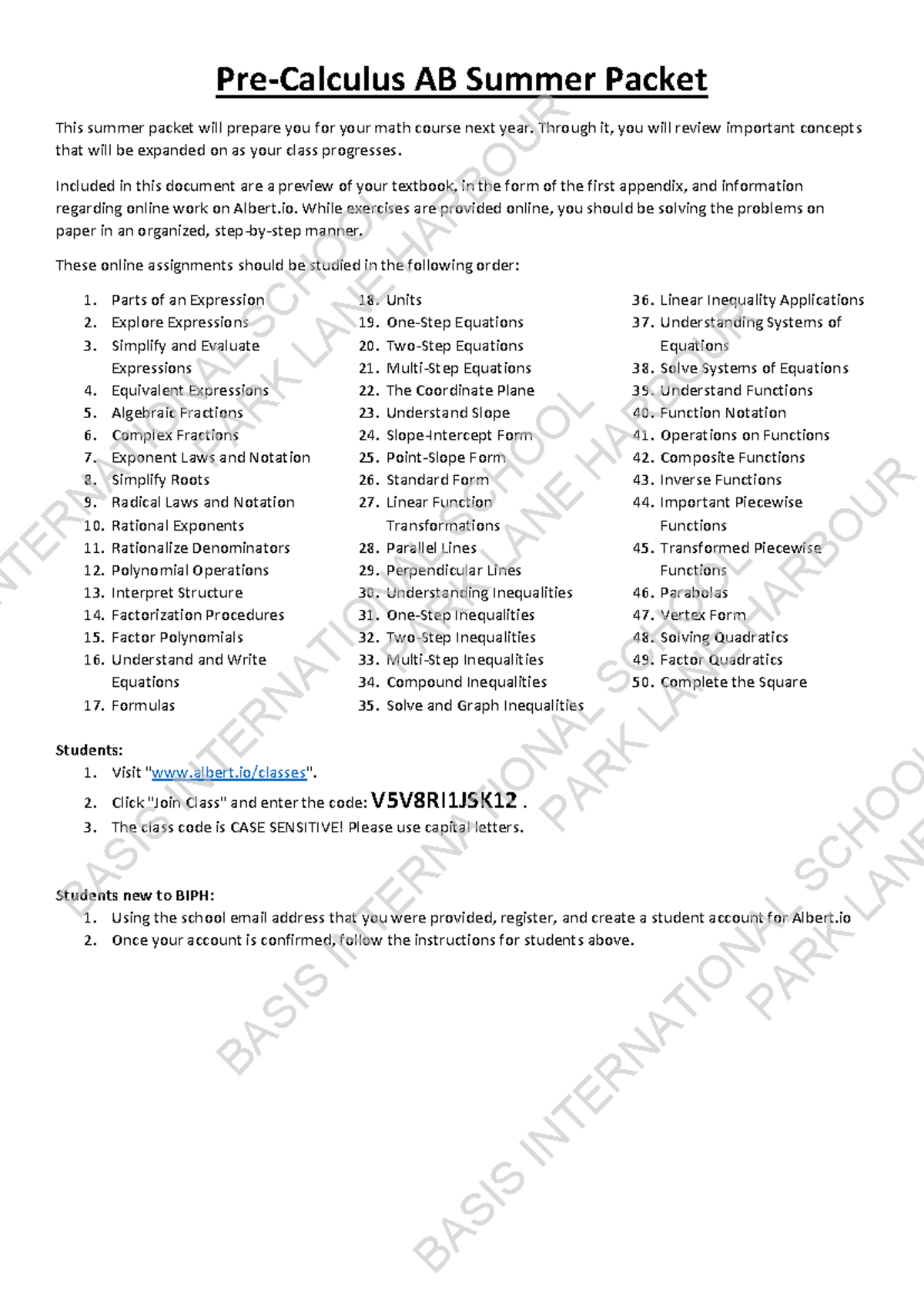 Pre-Calculus AB Summer Packet 2024 - Pre-Calculus AB Summer Packet This ...