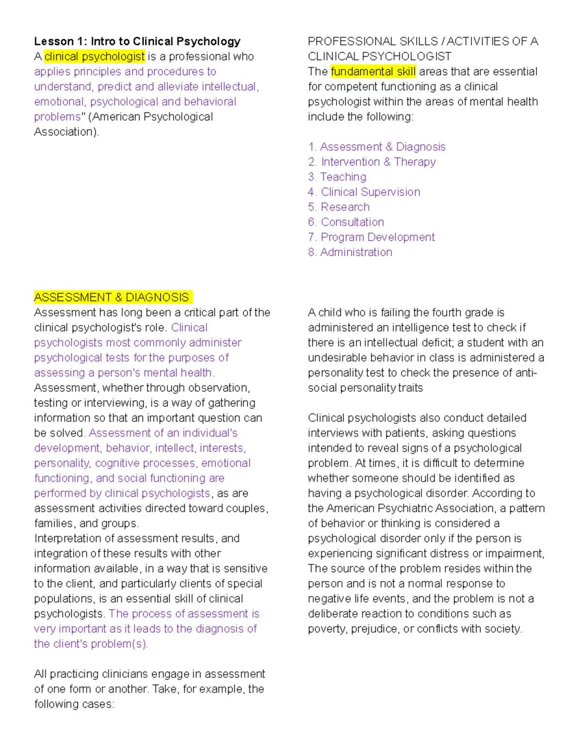 Lesson 1 Clinical Psychology - Lesson 1: Intro to Clinical Psychology A ...