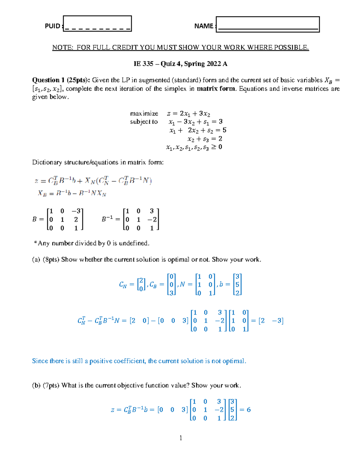 IE335-Quiz 4 A Spring 2022 Solution - PUID : _ _ _ _ _ _ _ _ _ _ NAME