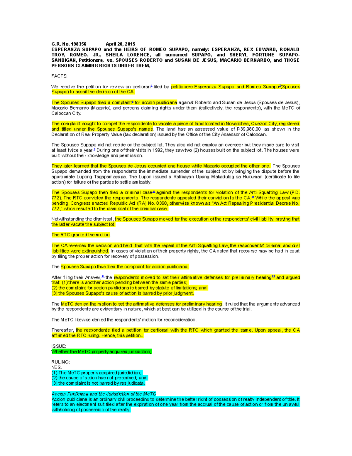 Supapo VS De Jesus - Case digest - G. No. 198356 April 20, 2015 ...