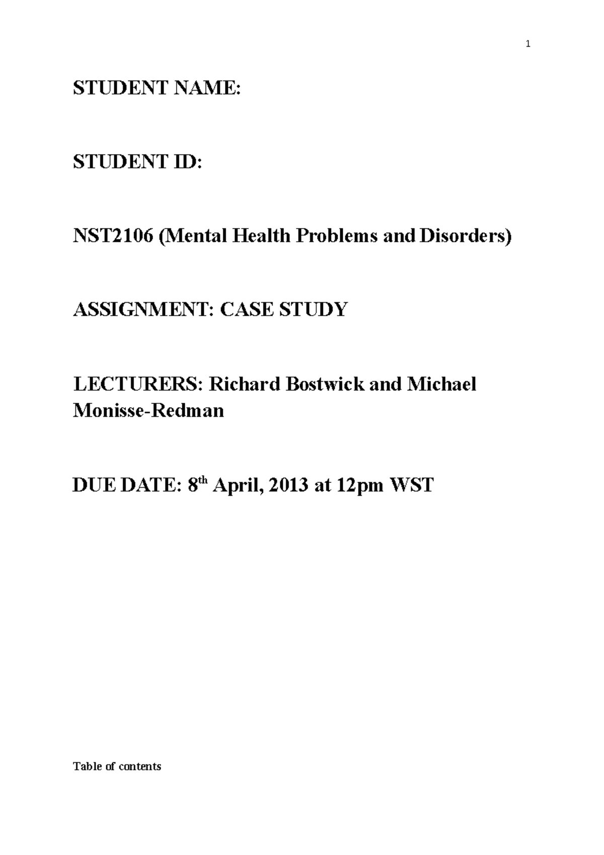 Mental health assignment - 1 STUDENT NAME: STUDENT ID: NST2106 (Mental ...