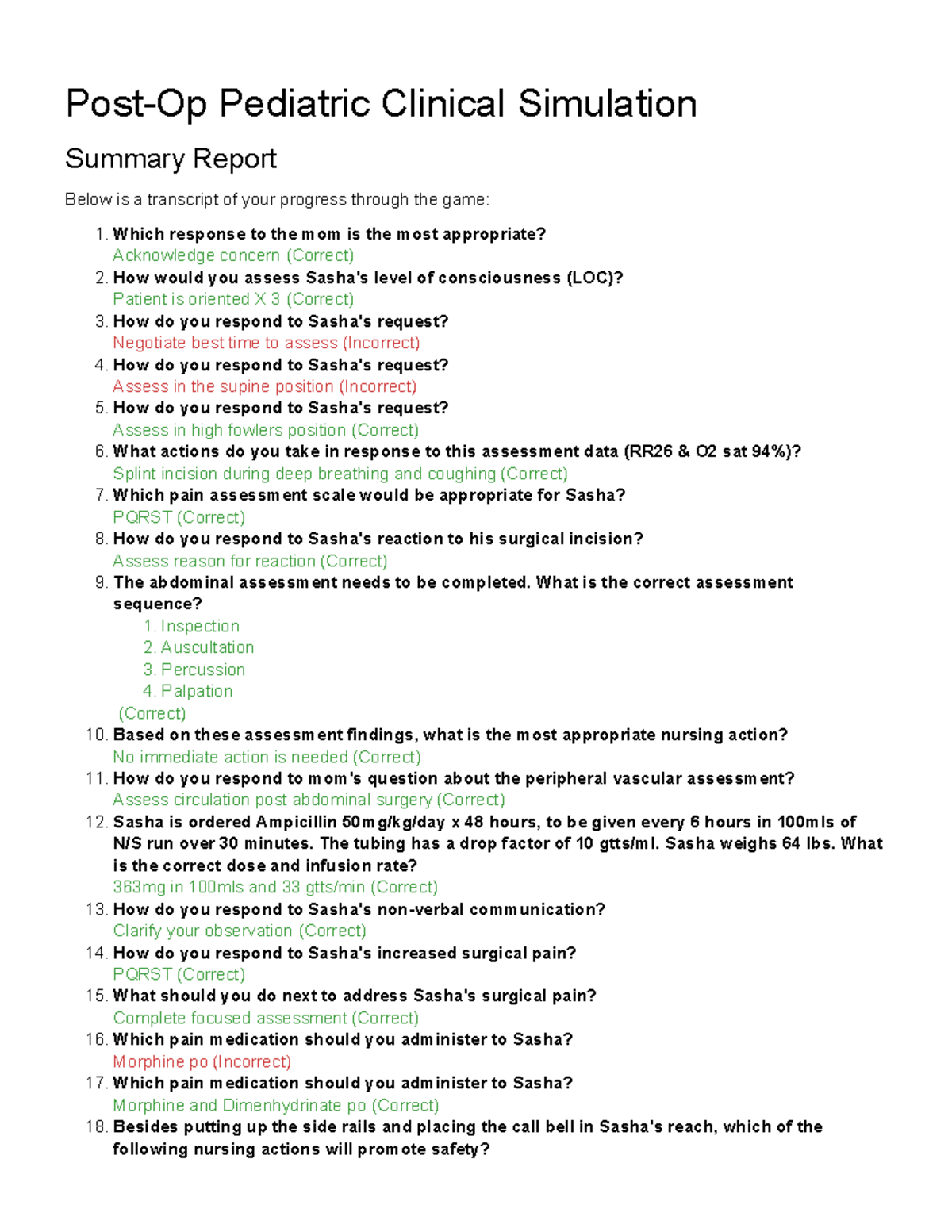 Summary report for Post-op Pediatric clinical simulation - Post-Op ...