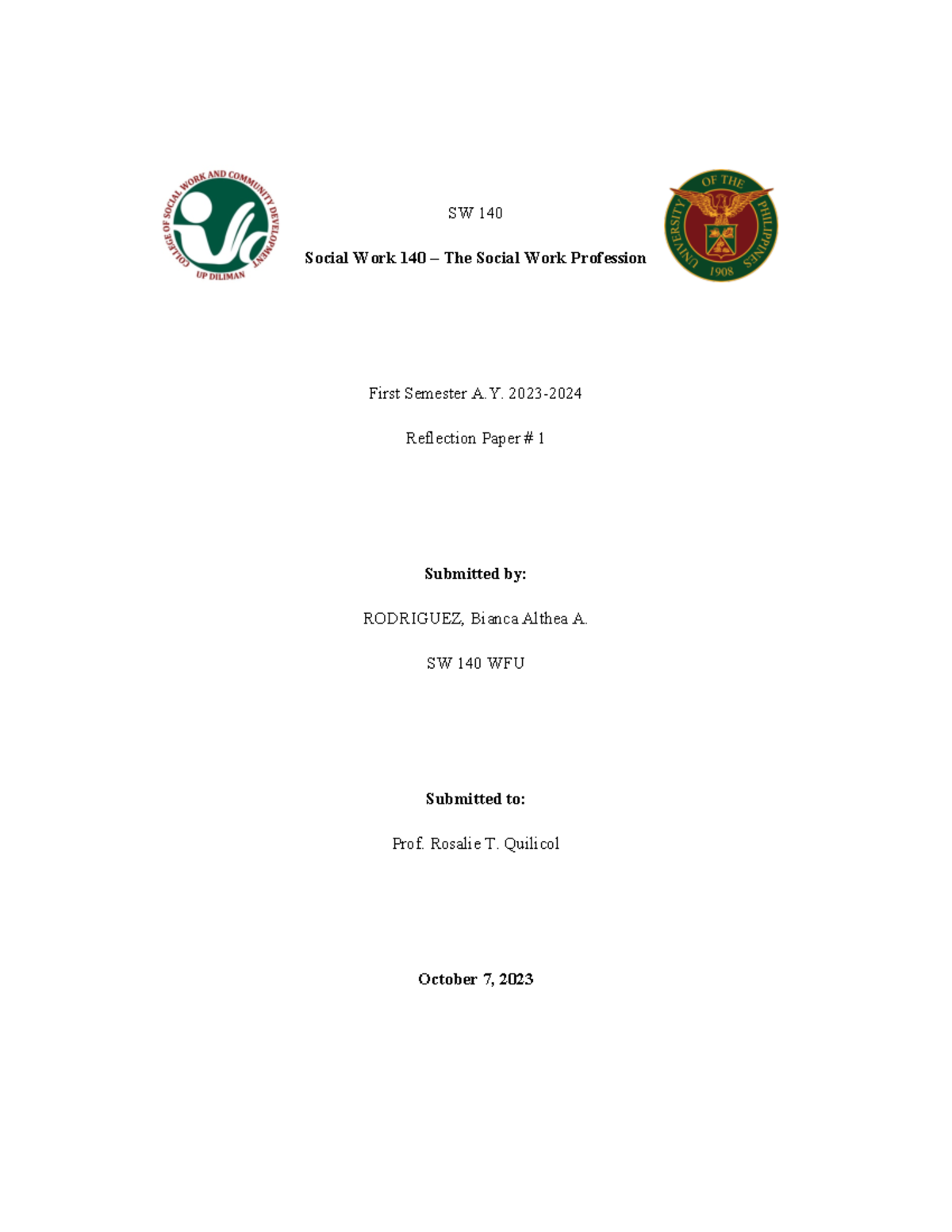 Social Work Reflection Paper - SW 140 Social Work 140 – The Social Work ...