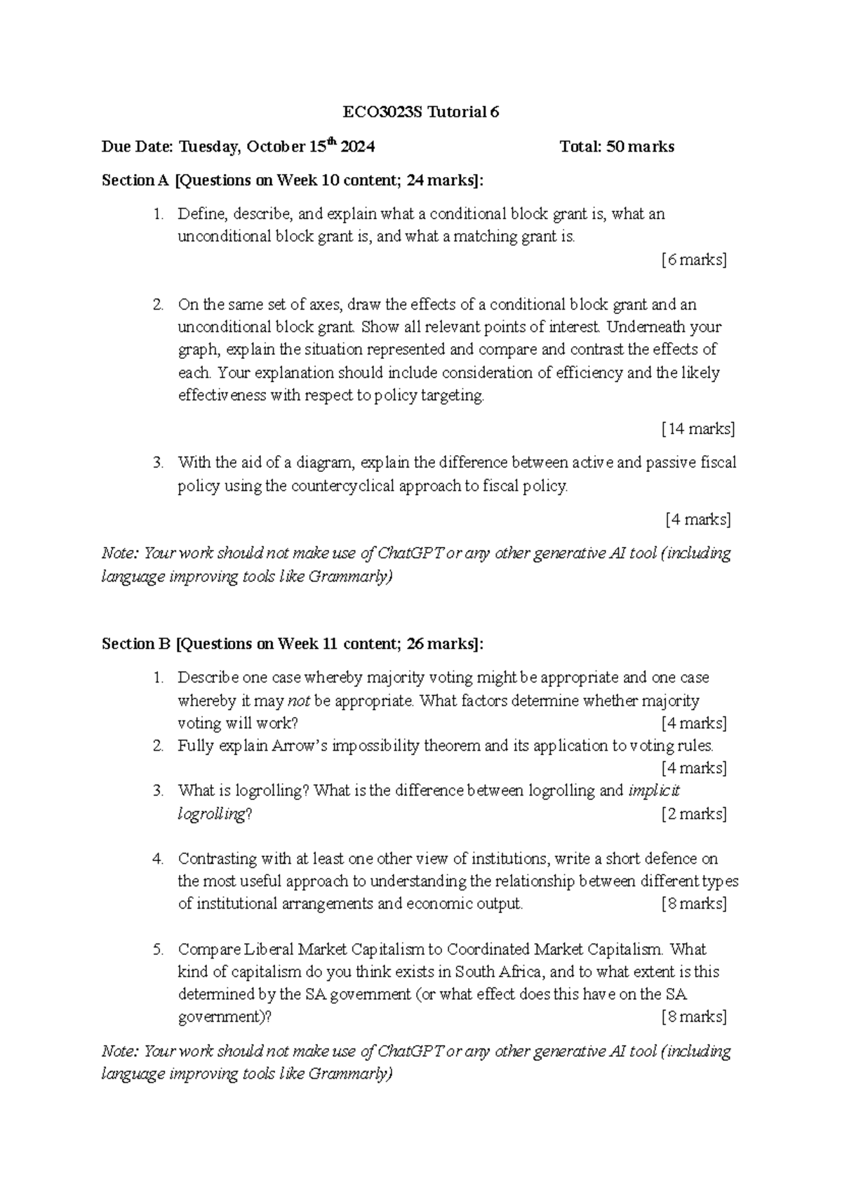 Tutorial 6 - For practice purposes - ECO3023S Tutorial 6 Due Date ...