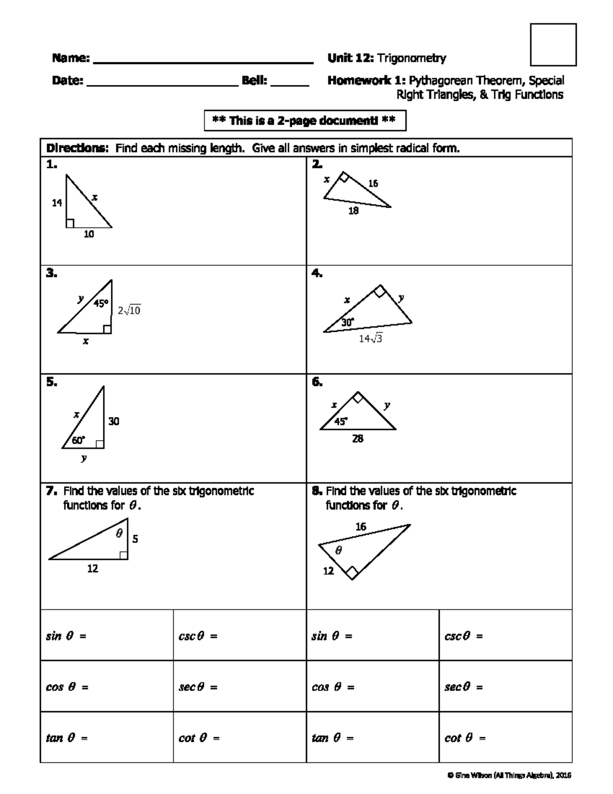 Trig review Assignments New - Name: Unit 12: Trigonometry Date: Bell ...