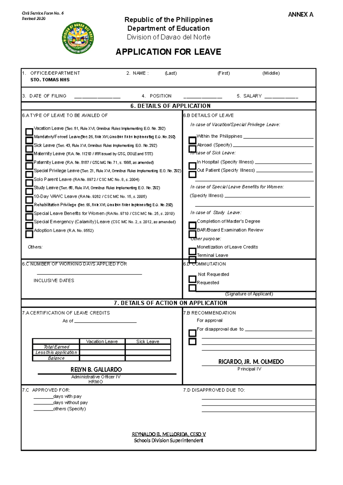 NEW Leave FORM 2022 SHS 4 - Civil Service Form No. 6 Revised 2020 ...