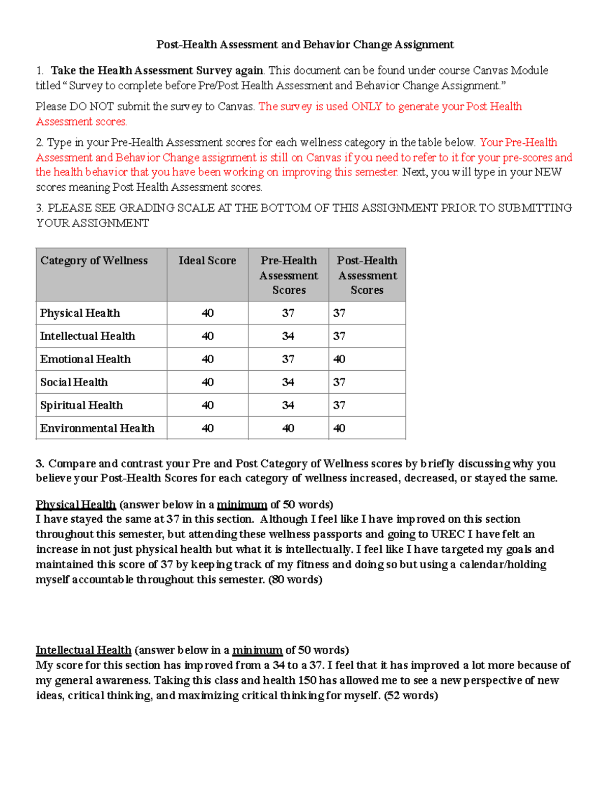 Health assignment - Post-Health Assessment and Behavior Change ...