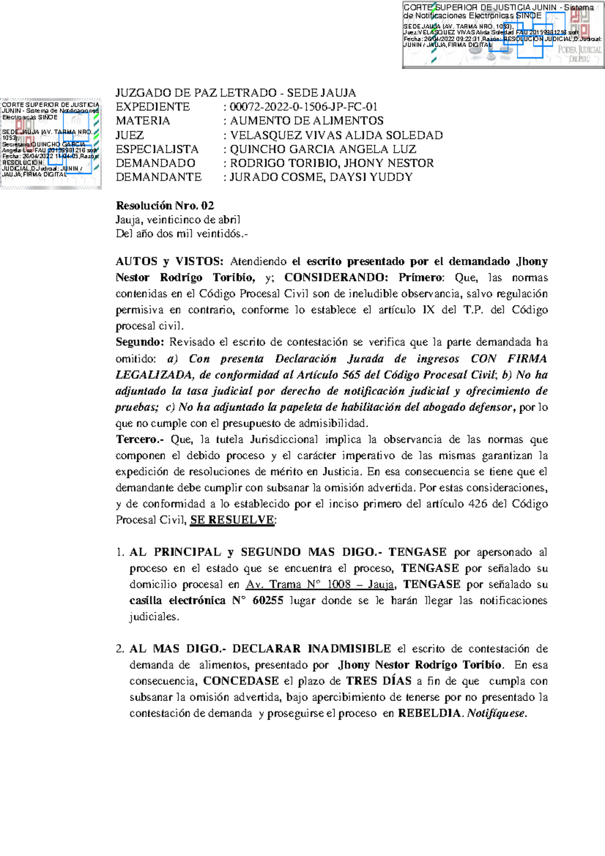 Demanda de alimento REMI Rodrigo Jurado - JUZGADO DE PAZ LETRADO - SEDE ...