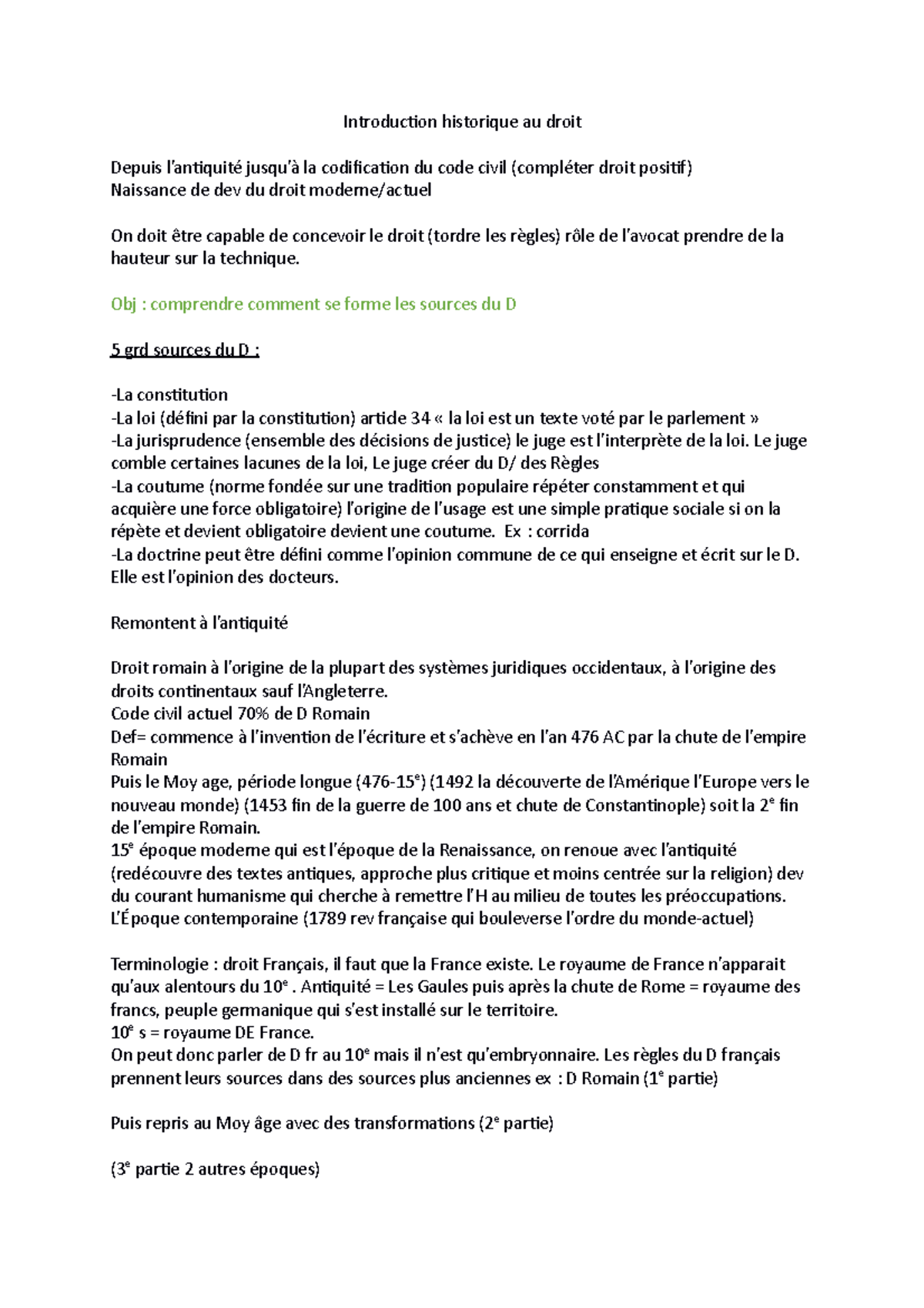 Intro Histoire du Droit - Introduction historique au droit Depuis l’antiquité jusqu’à la - Studocu