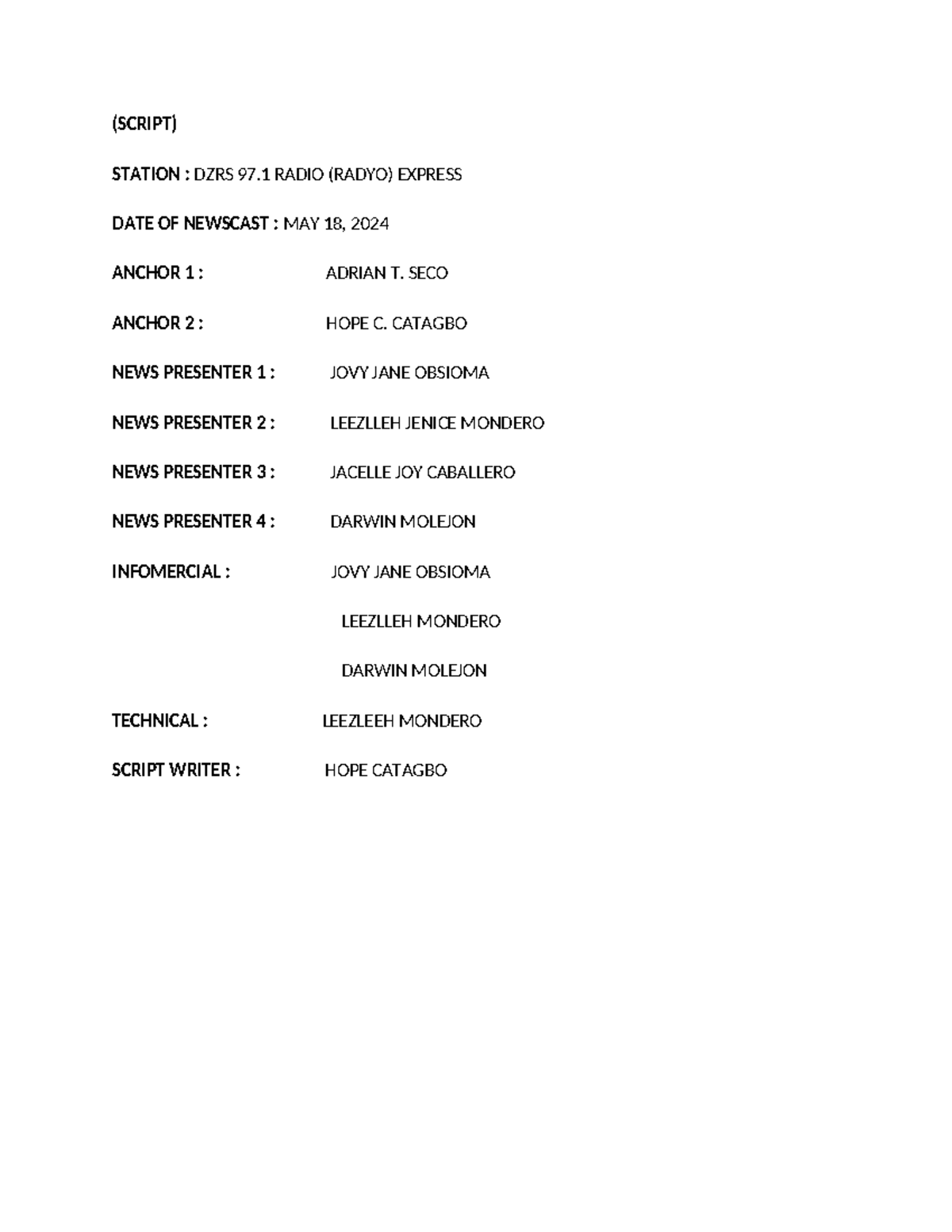 Radio Broad Script Final - (SCRIPT) STATION : DZRS 97 RADIO (RADYO ...