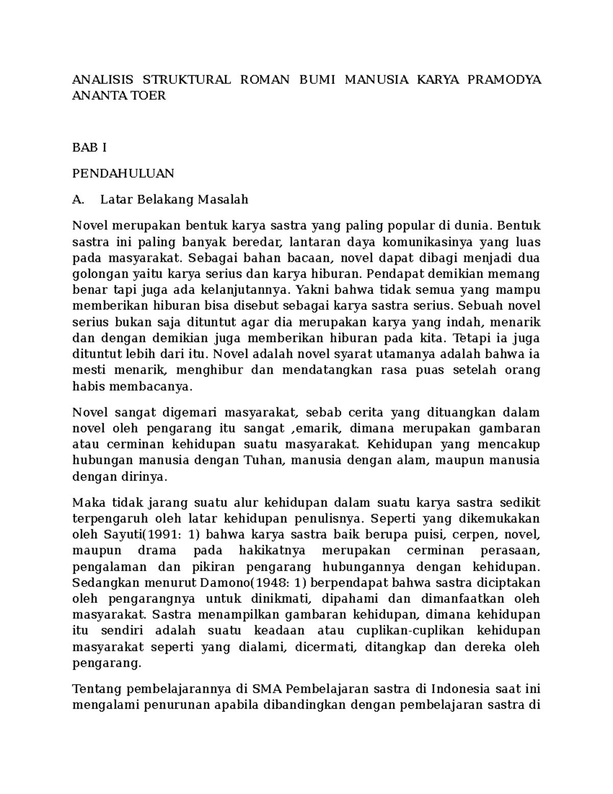 Analisis Struktural Roman Bumi Manusia Karya Pramodya Ananta Toer Analisis Struktural Roman
