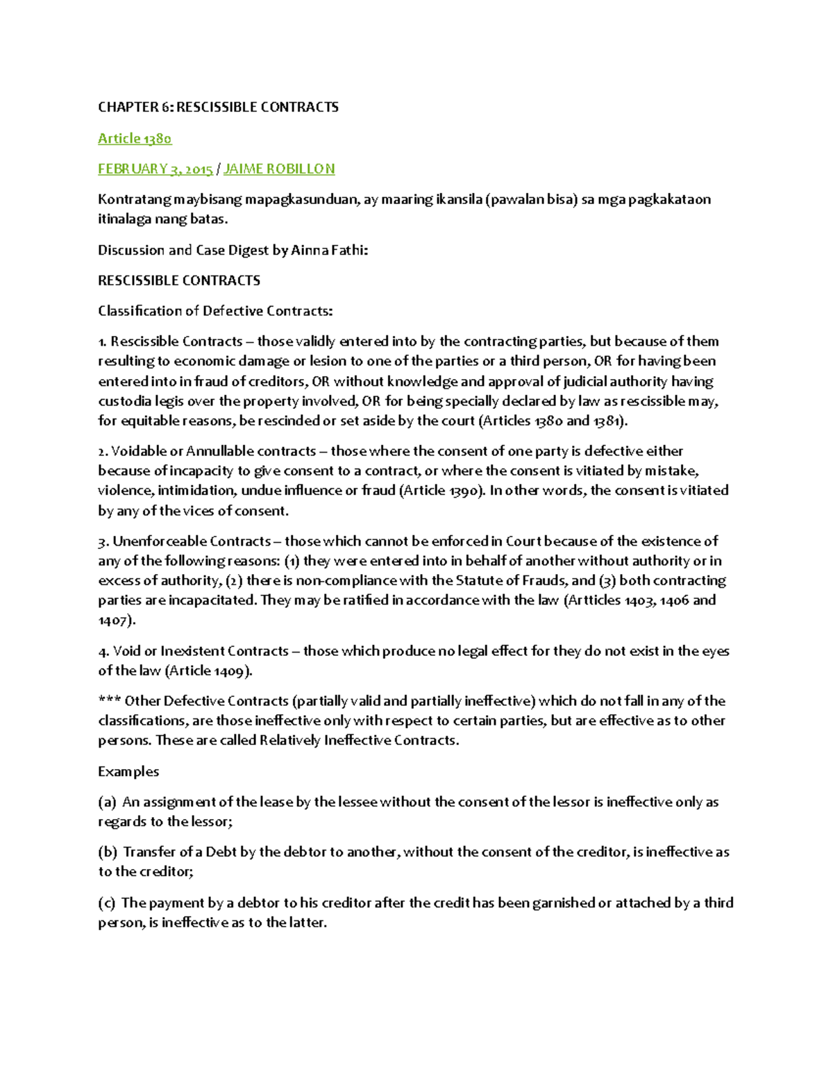 Rescissible Contracts - CHAPTER 6: RESCISSIBLE CONTRACTS Article 1380 ...