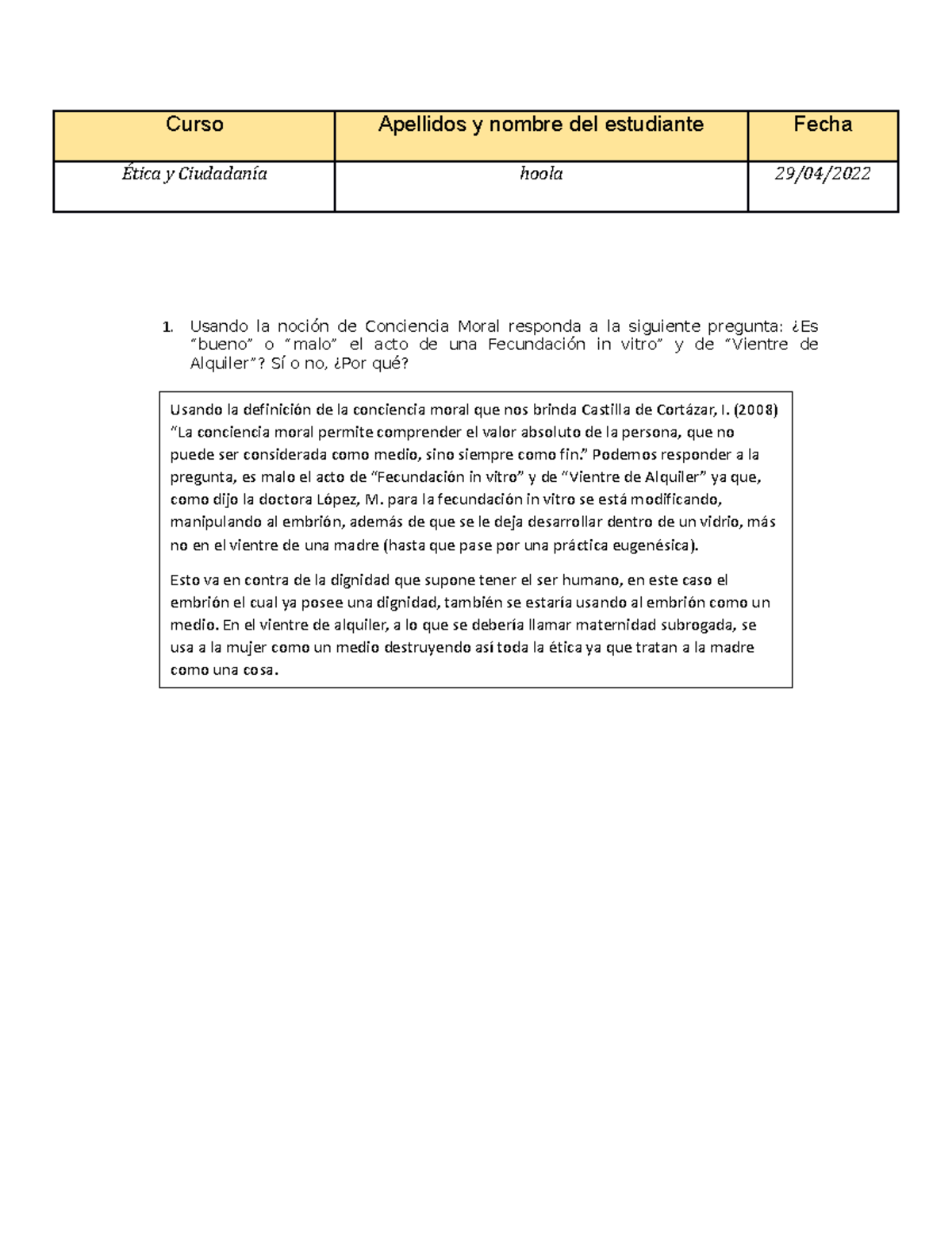 Actividad Etica y Ciudadania Ejercicio Smna 6 - Curso Apellidos y nombre del estudiante Fecha ...