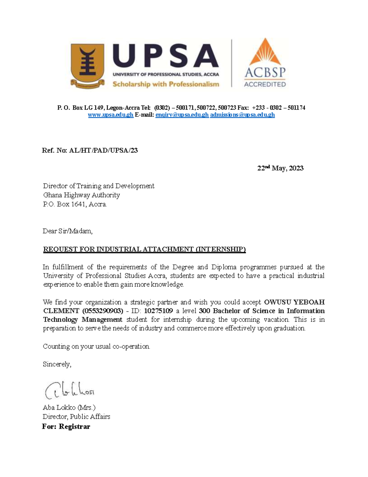 Internship Letters 22nd May, 23 2-74 - P. O. Box LG 149, Legon-Accra ...
