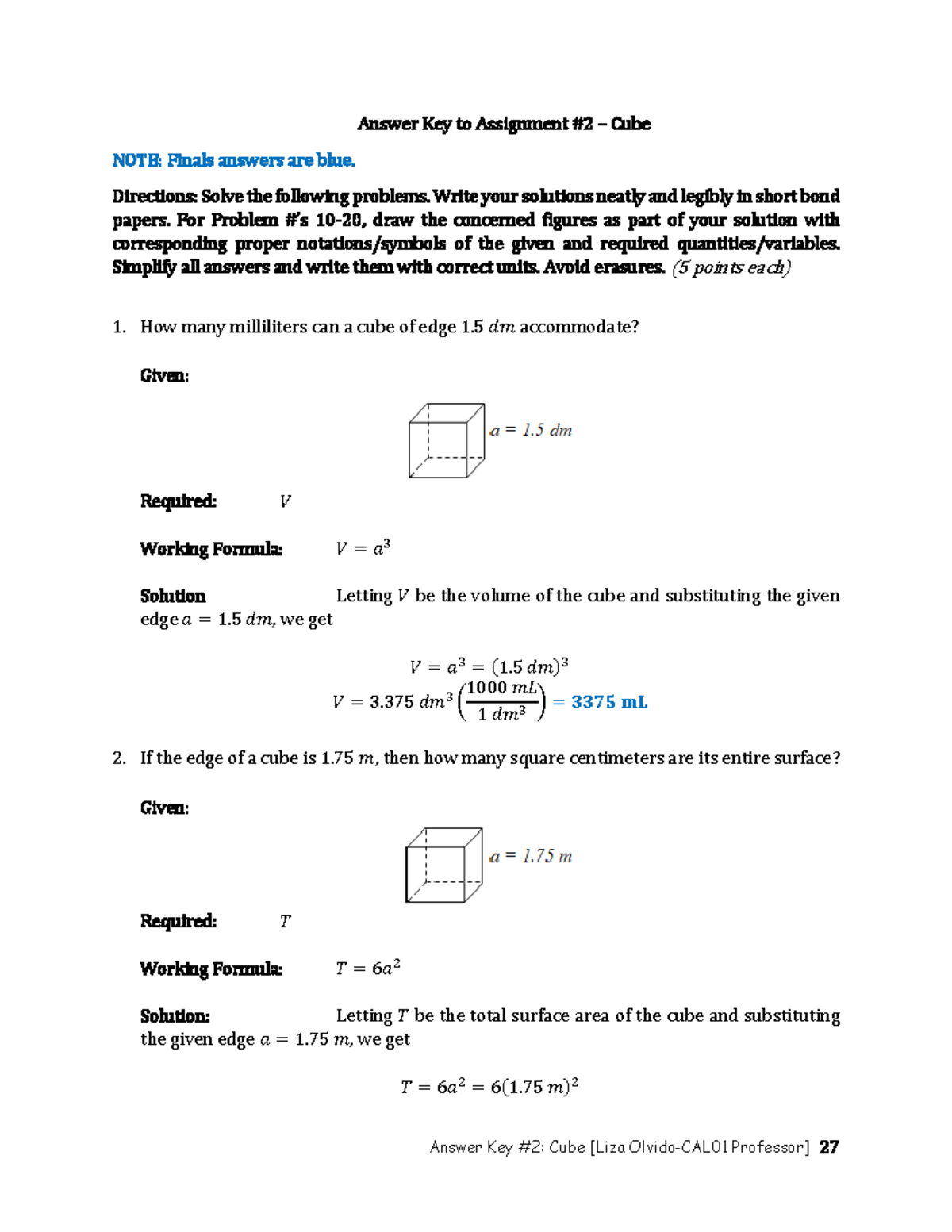 MATH01 Ans Key Assign#2 Cube SY22-23 - Answer Key to Assignment # 2 ...