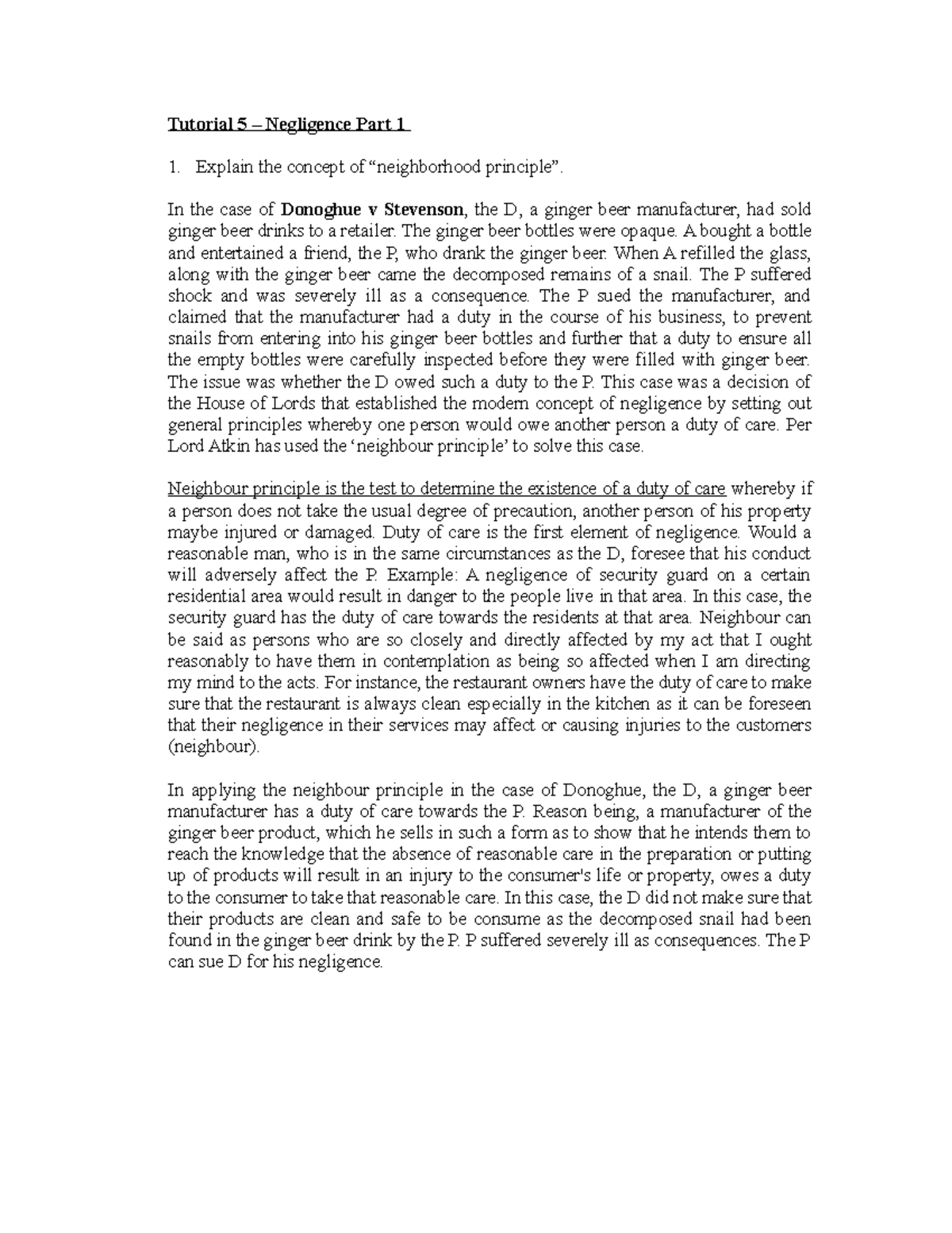 Torts 1 Tuto Negligence Part 1 - Tutorial 5 – Negligence Part 1 Explain ...