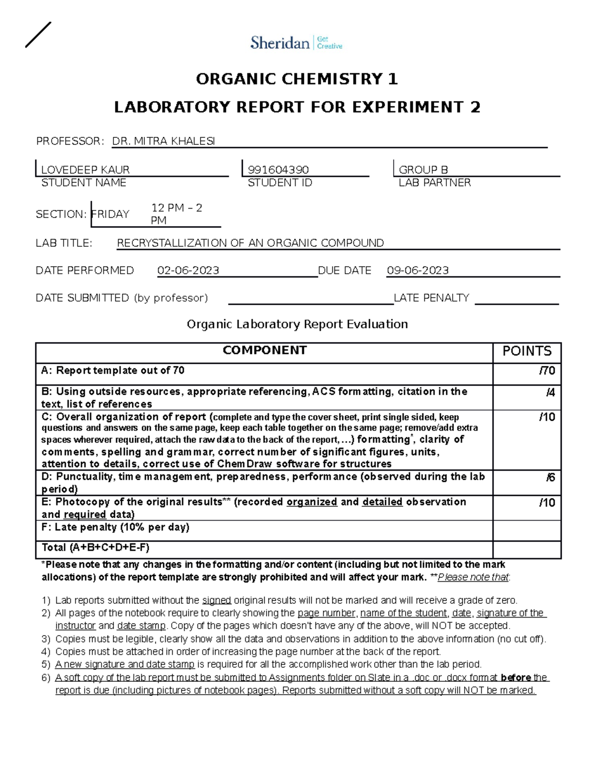 Organic chemistry lab 2 2023 - ORGANIC CHEMISTRY 1 LABORATORY REPORT ...