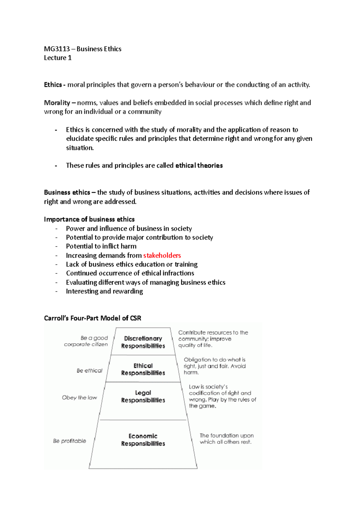 Lecture 1 notes - MG3113 – Business Ethics Lecture 1 Ethics - moral ...