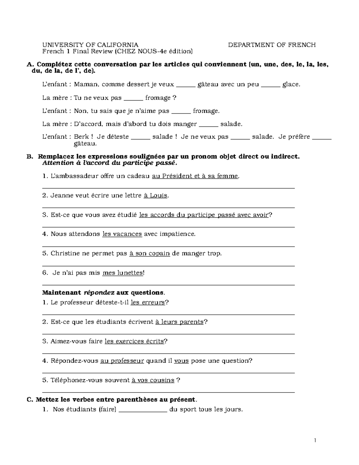 French 1 final review exs-Chez nous, 4th edition - UNIVERSITY OF ...