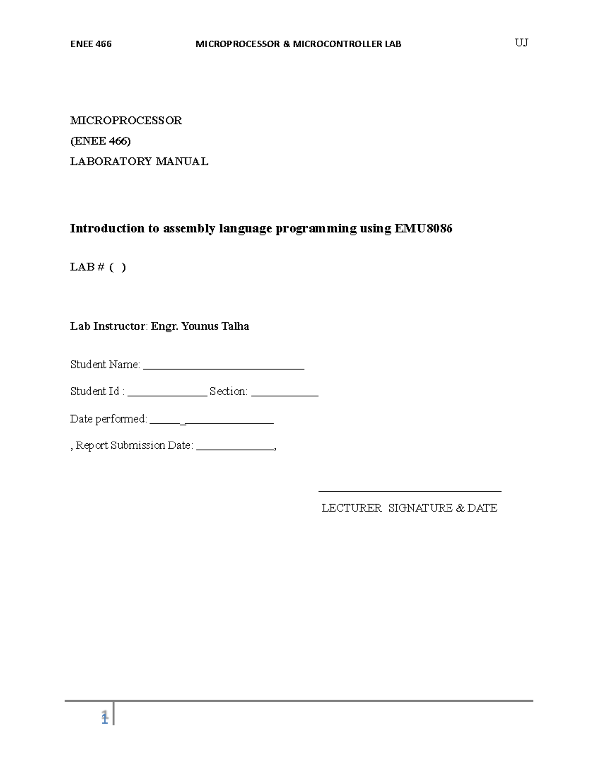 1. Emu 8086 Introduction Lab - ENEE 466 MICROPROCESSOR & MICROCONTROLLER LAB UJ MICROPROCESSOR ...