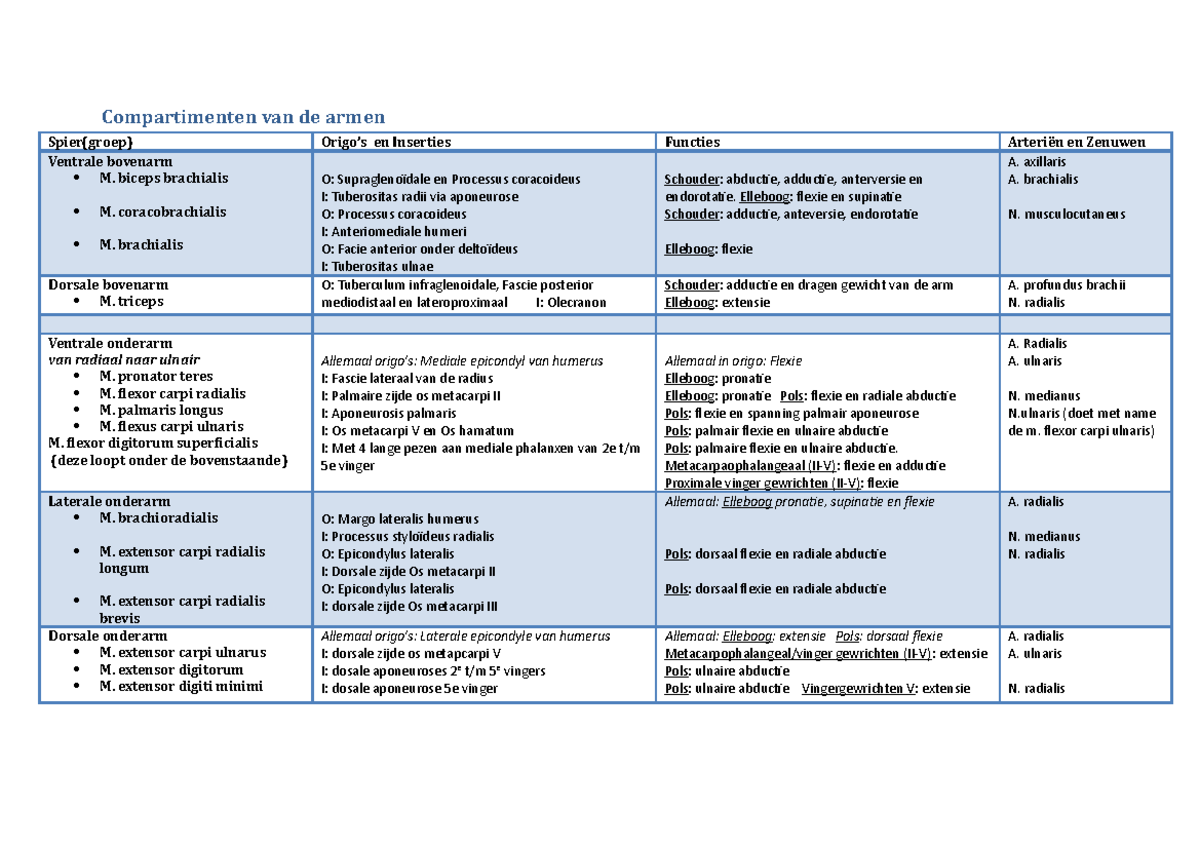 Samenvatting - compartimenten - Compartimenten van de armen Spier(groep ...