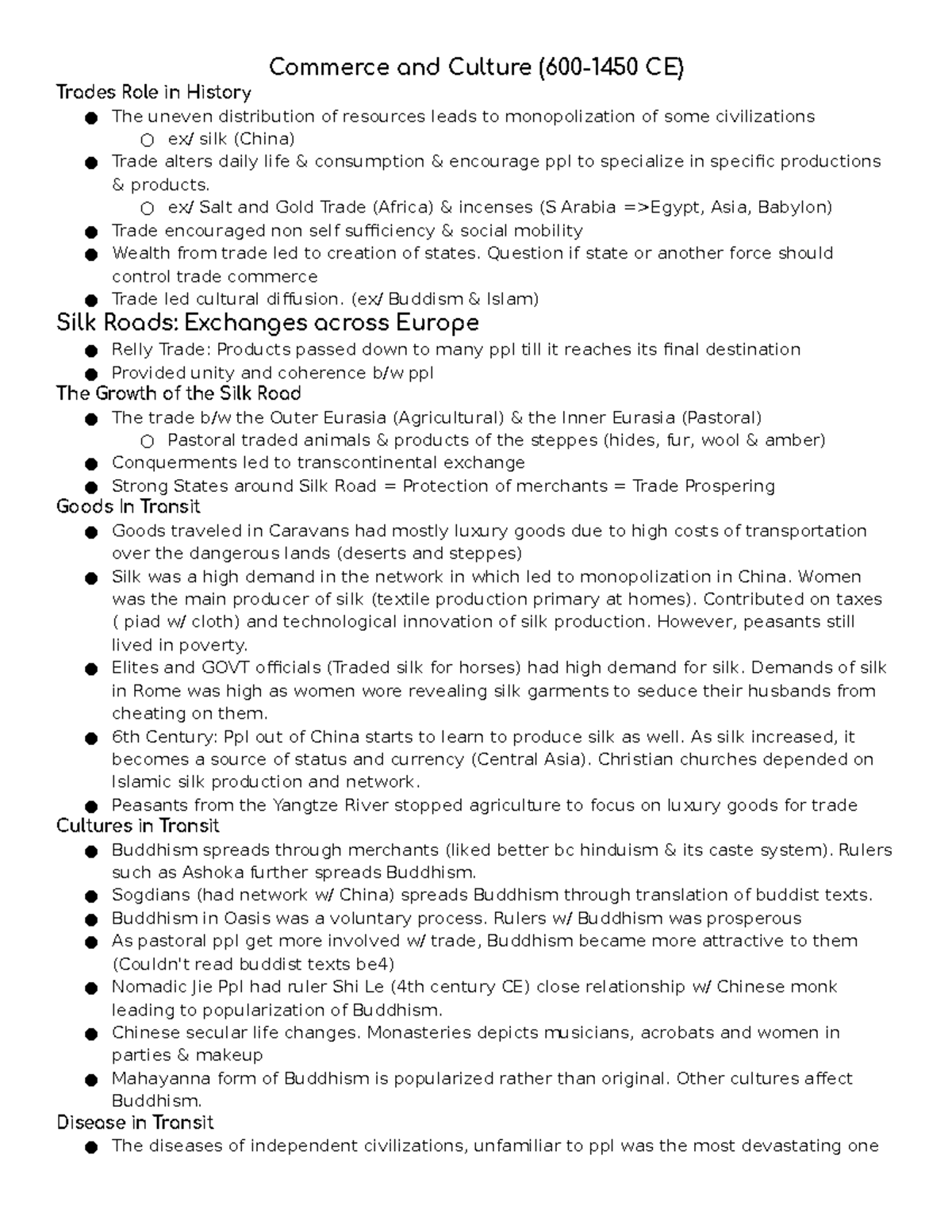 World History Notes - Commerce and Culture (600-1450 CE) Trades Role in ...