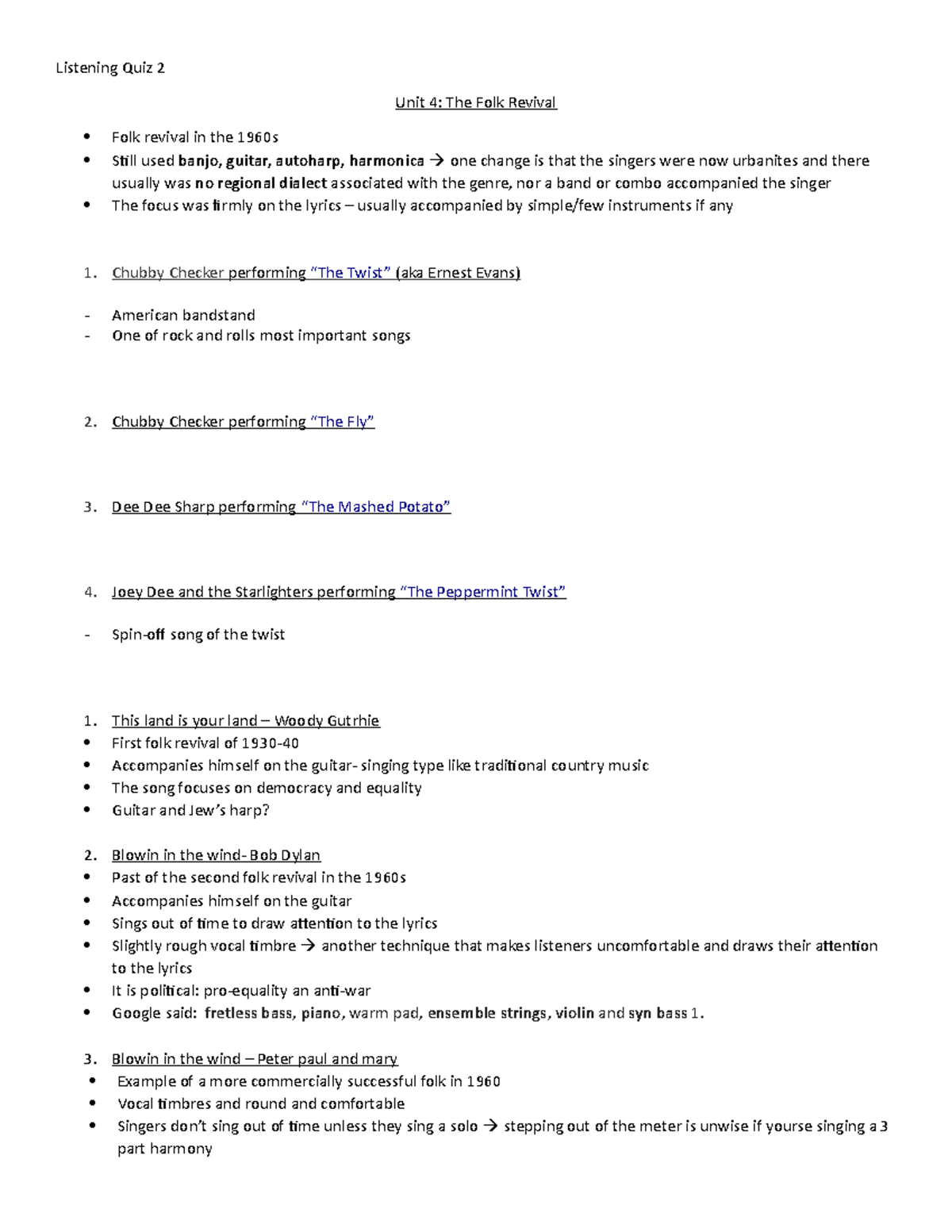 Listening Quiz 2 Notes - Listening Quiz 2 Unit 4: The Folk Revival Folk ...