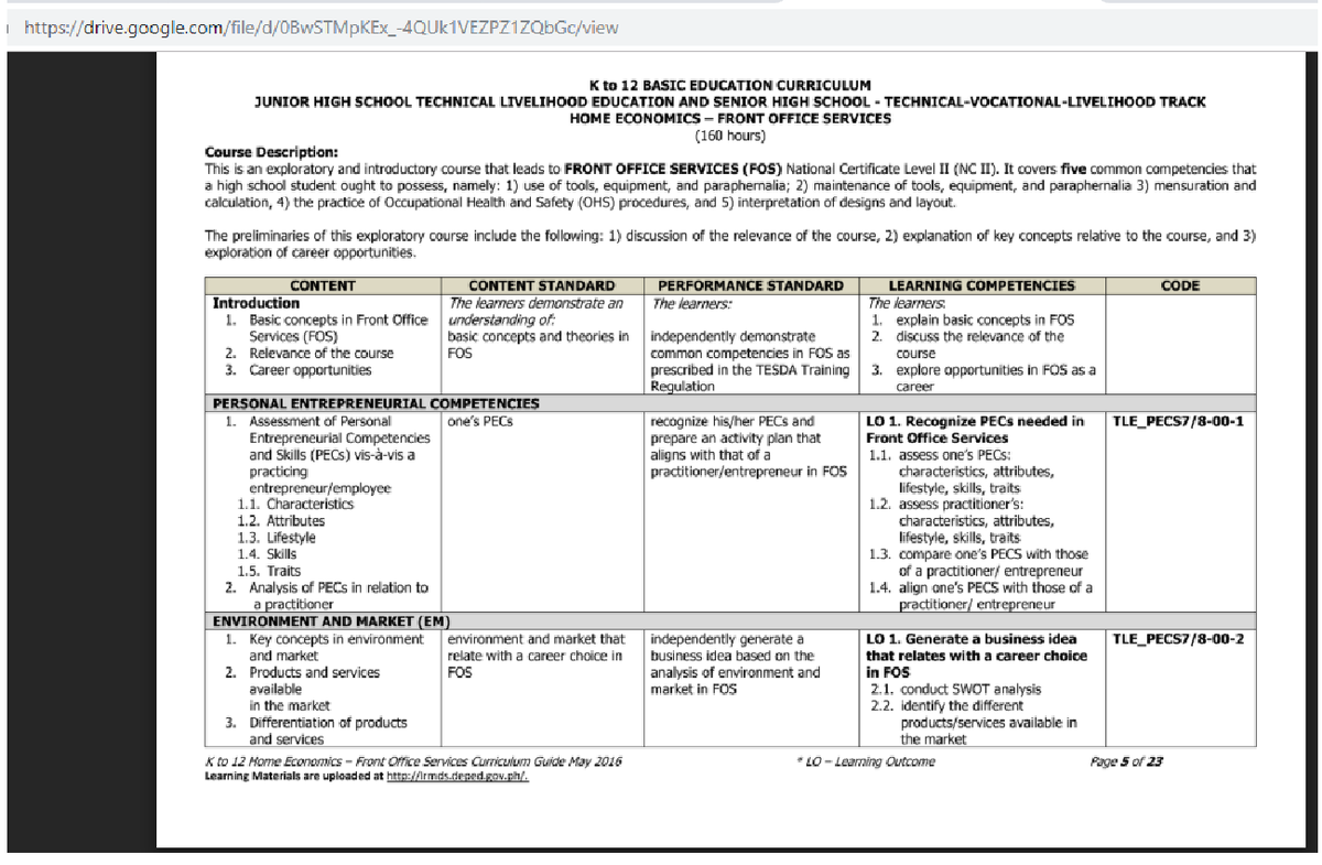 Curriculum guide for front office services - Bachelor of Secondary ...