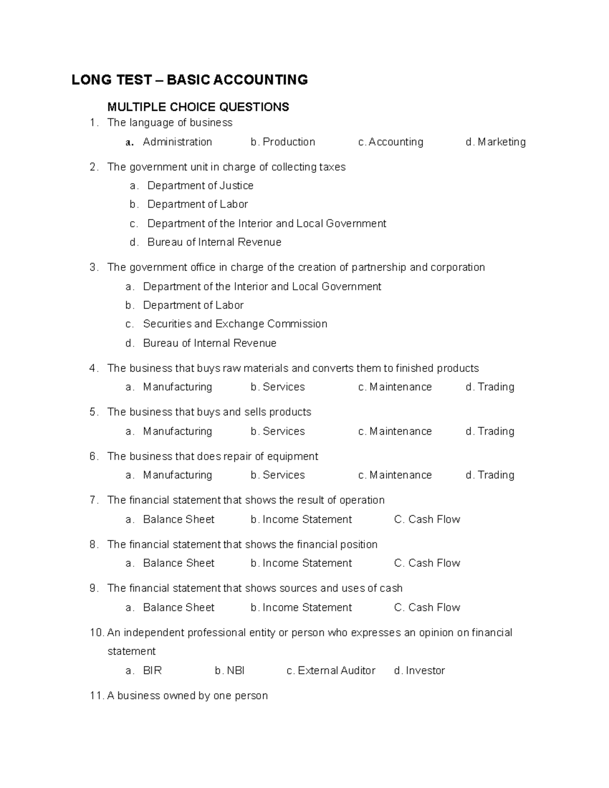 LONG TEST - Basic Accounting - LONG TEST – BASIC ACCOUNTING MULTIPLE ...
