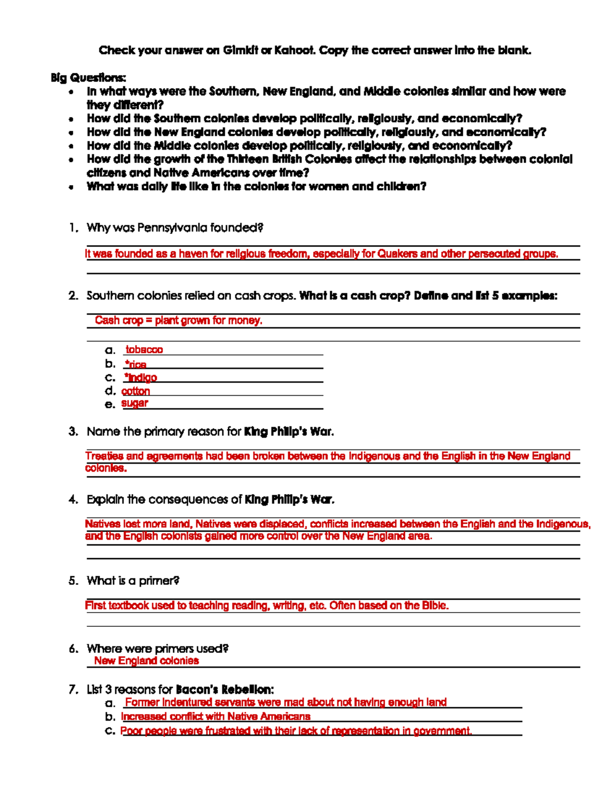 Study Guide Key for Parents - Check your answer on Gimkit or Kahoot ...