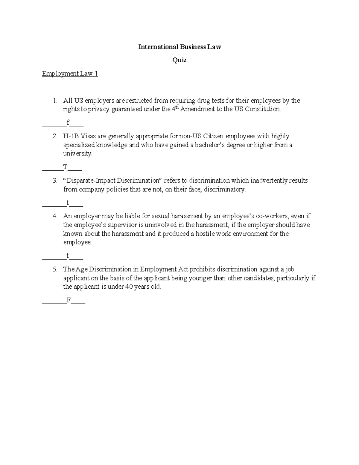 2022 IBL Quiz Employment Law 1 Student 1 - International Business Law ...
