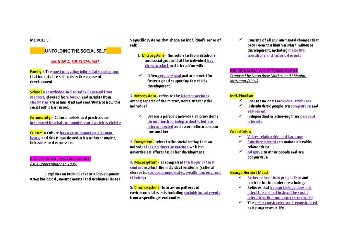 Module 3-4 - study guide - MODULE 3 UNFOLDING THE SOCIAL SELF SECTION 1: THE SOCIAL SELF Family ...
