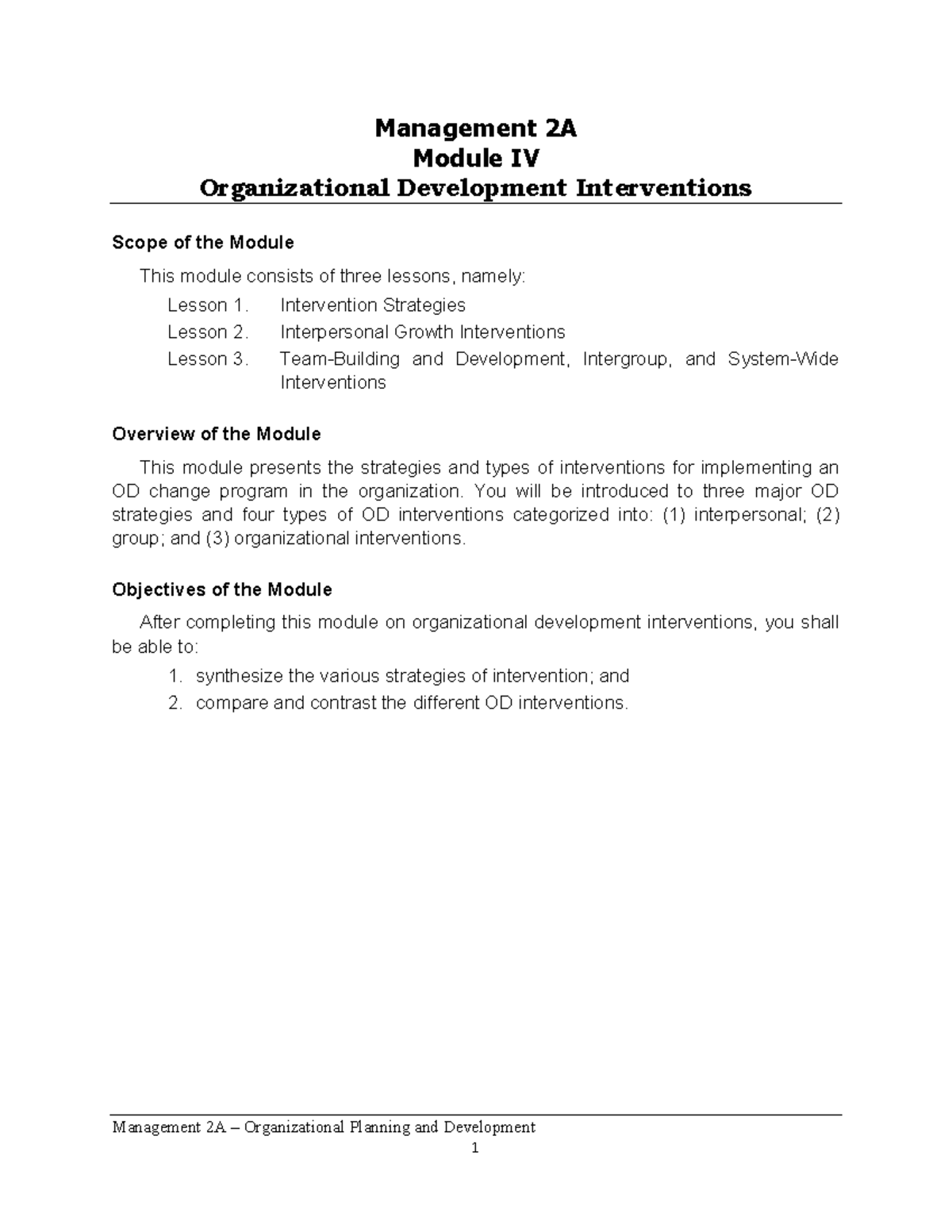 Management 2A - Module IV - Management 2A – Organizational Planning and ...