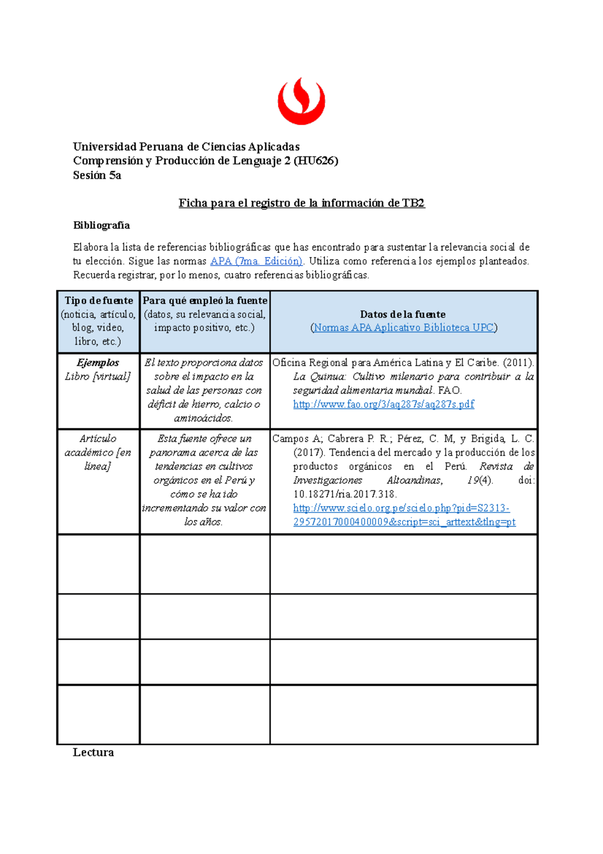 5a Ficha de TB2 Verano - Universidad Peruana de Ciencias Aplicadas Comprensión y Producción de ...