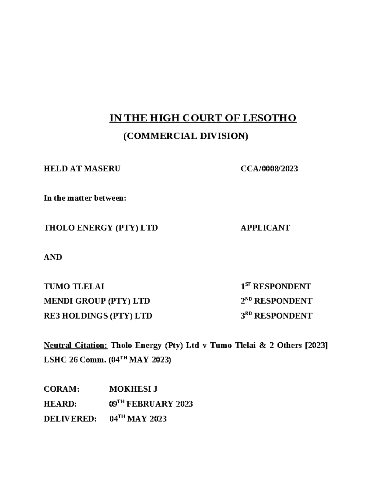Tholo Energy (Pty) Ltd v Tumo Tlelai & 2 Others [2023] LSHC 26 Comm ...