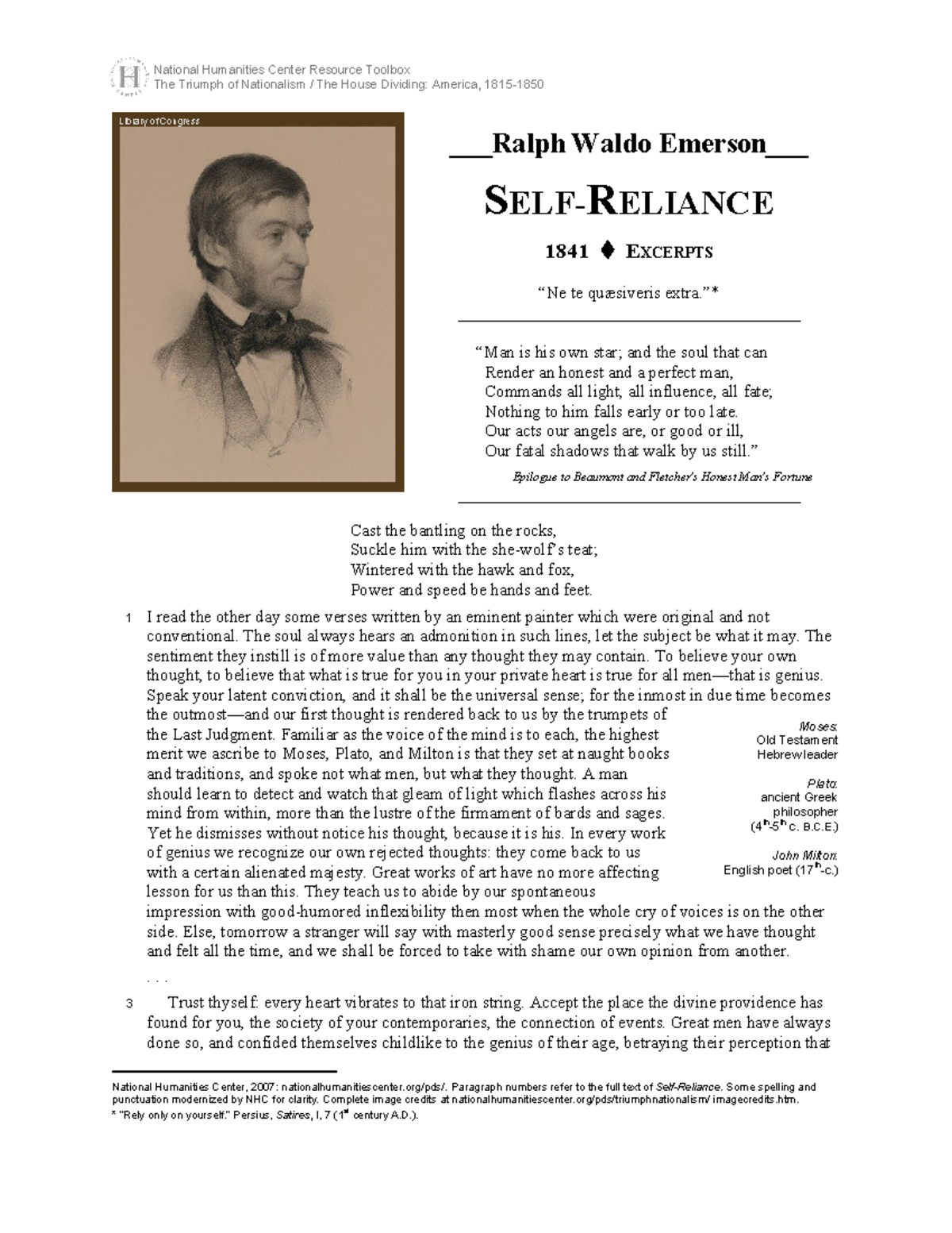 Self reliance by Emerson - National Humanities Center Resource Toolbox ...