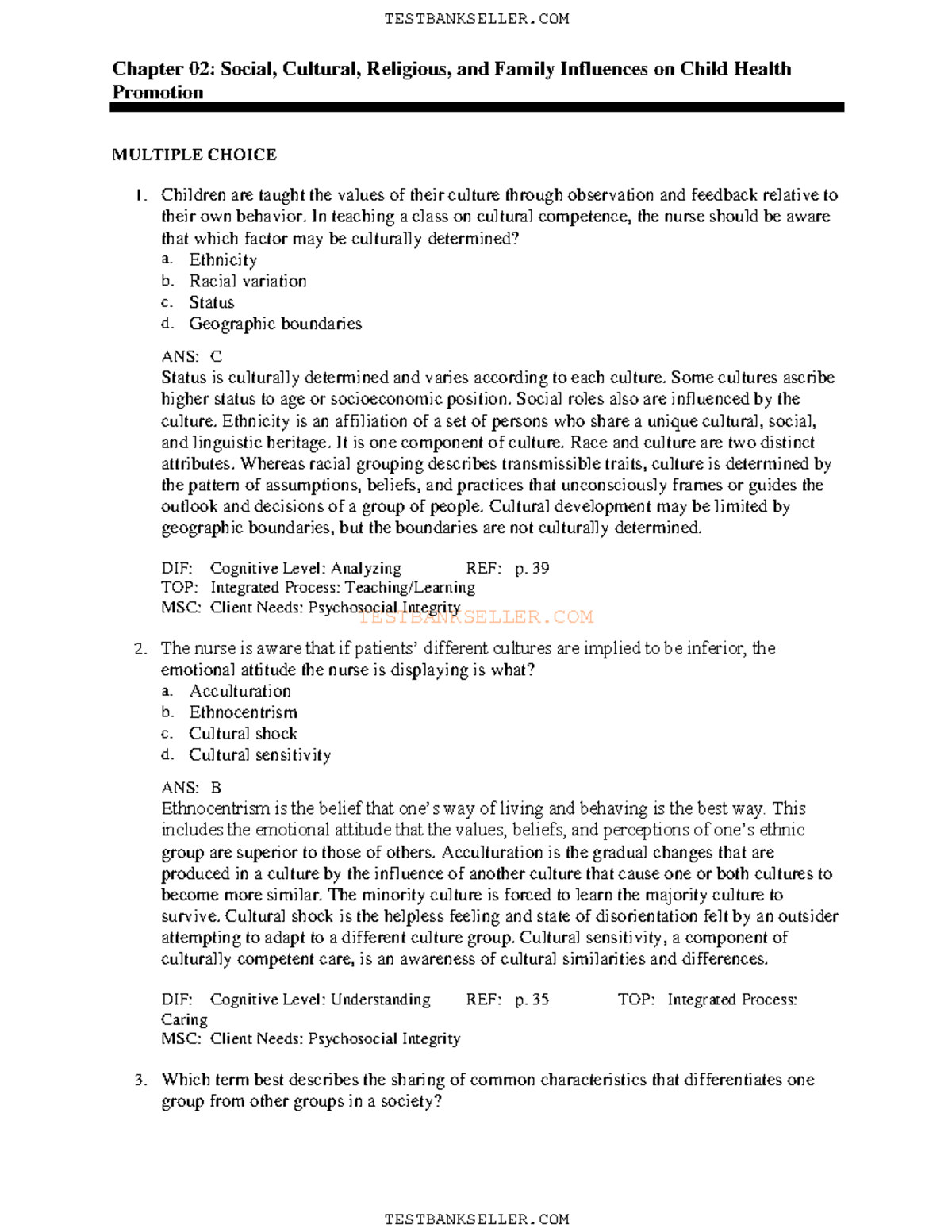 Chapter 2 - TESTBANKSELLER Chapter 02: Social, Cultural, Religious, and ...