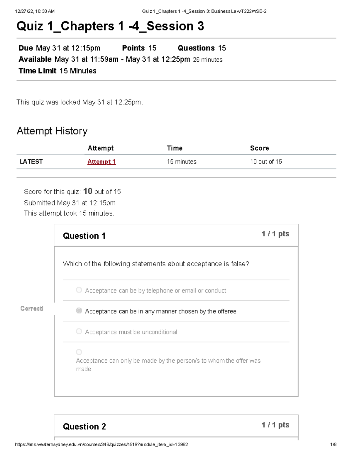 Quiz 1 Chapters 1 -4 Session 3 Business Law-T222WSB-2 - Quiz 1_Chapters ...
