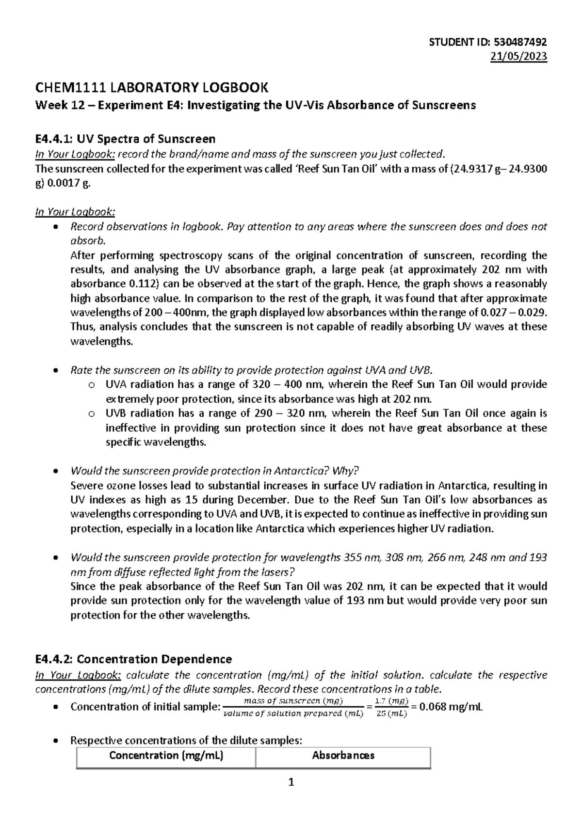Experiment 4 Logbook - assignment - 21/05/ CHEM1111 LABORATORY LOGBOOK Week 12 – Experiment E4 ...