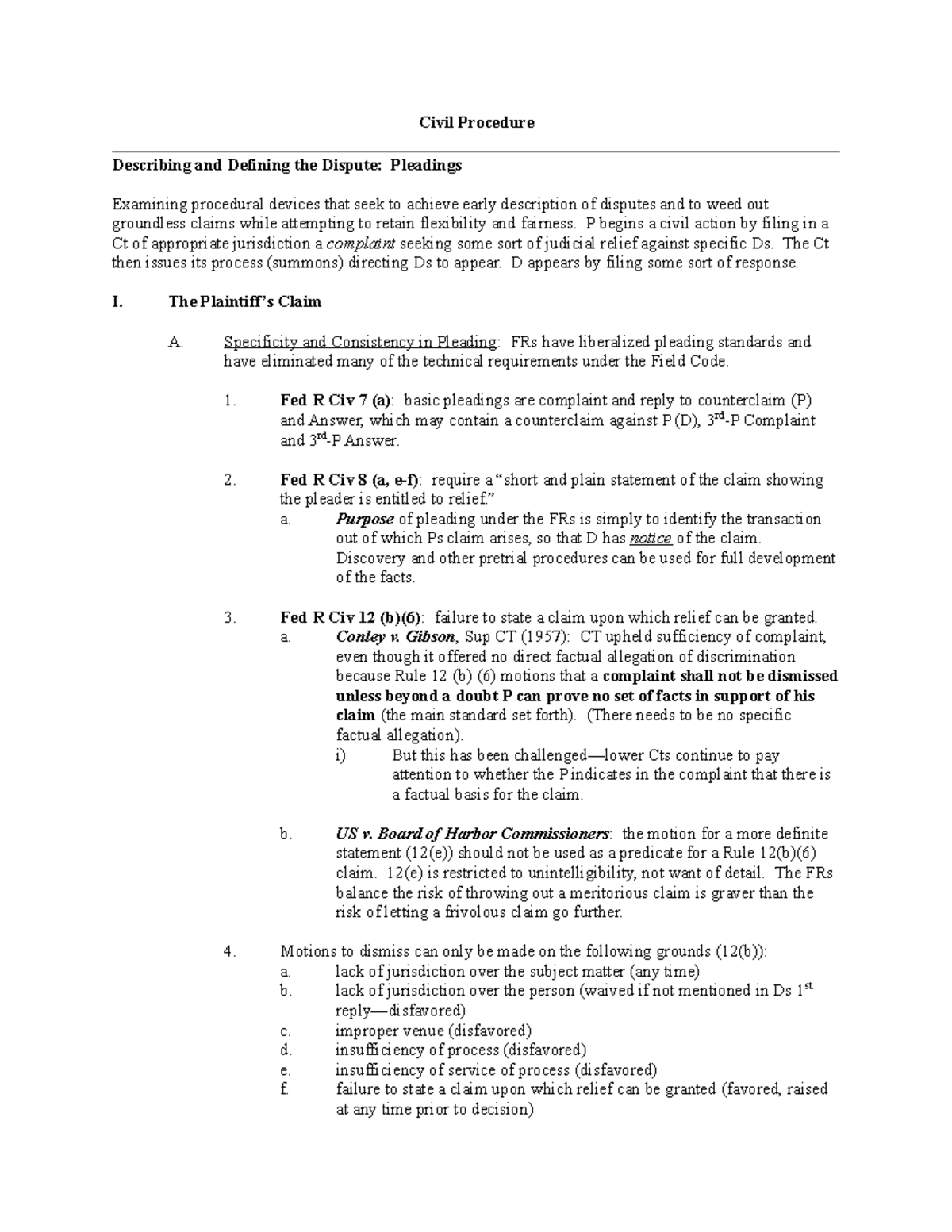 Civil Procedure Law Outline 1 - Civil Procedure Describing and Defining ...