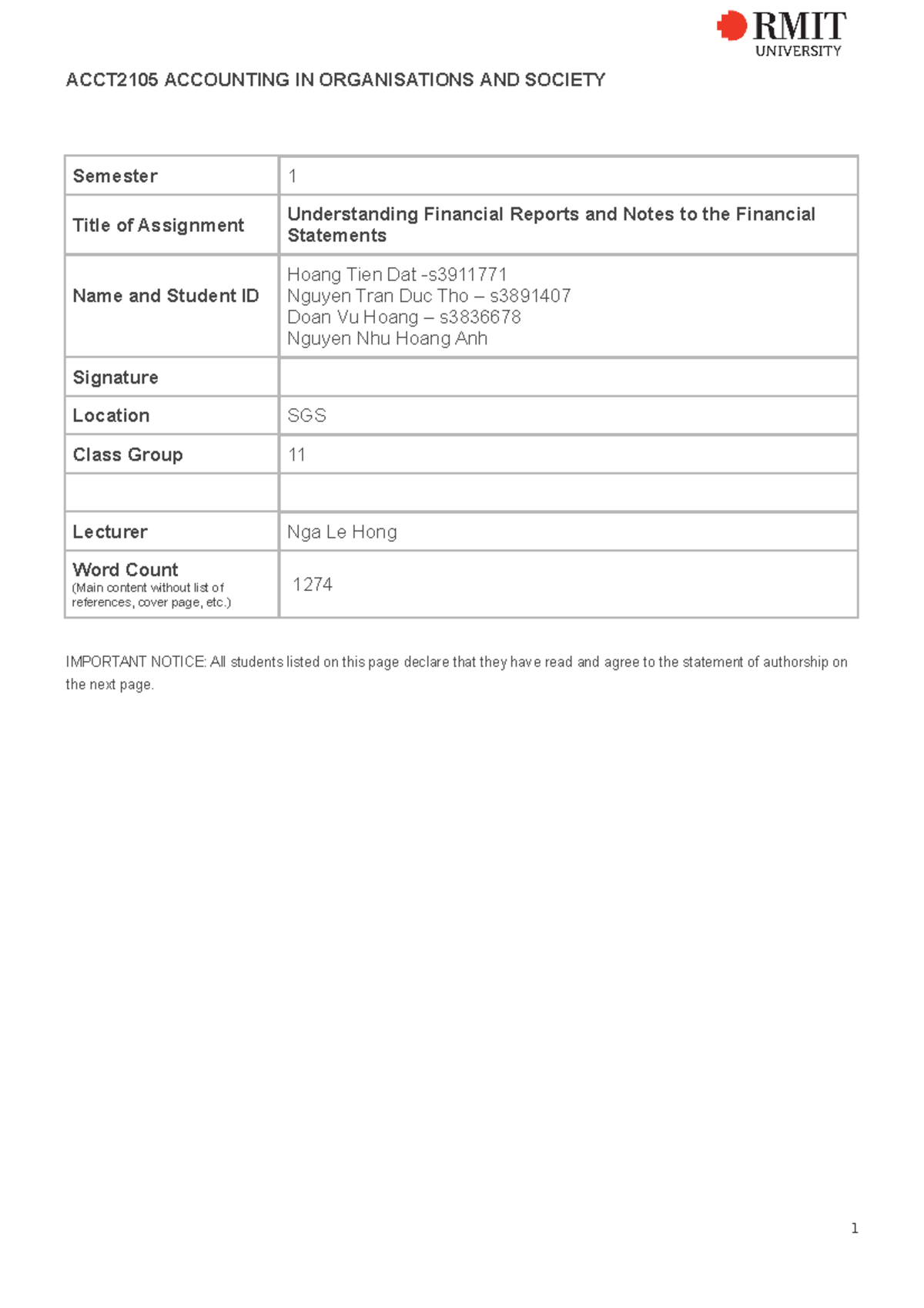 Assignment Cover Page and Statement of Authorship - ACCT2105 ACCOUNTING ...