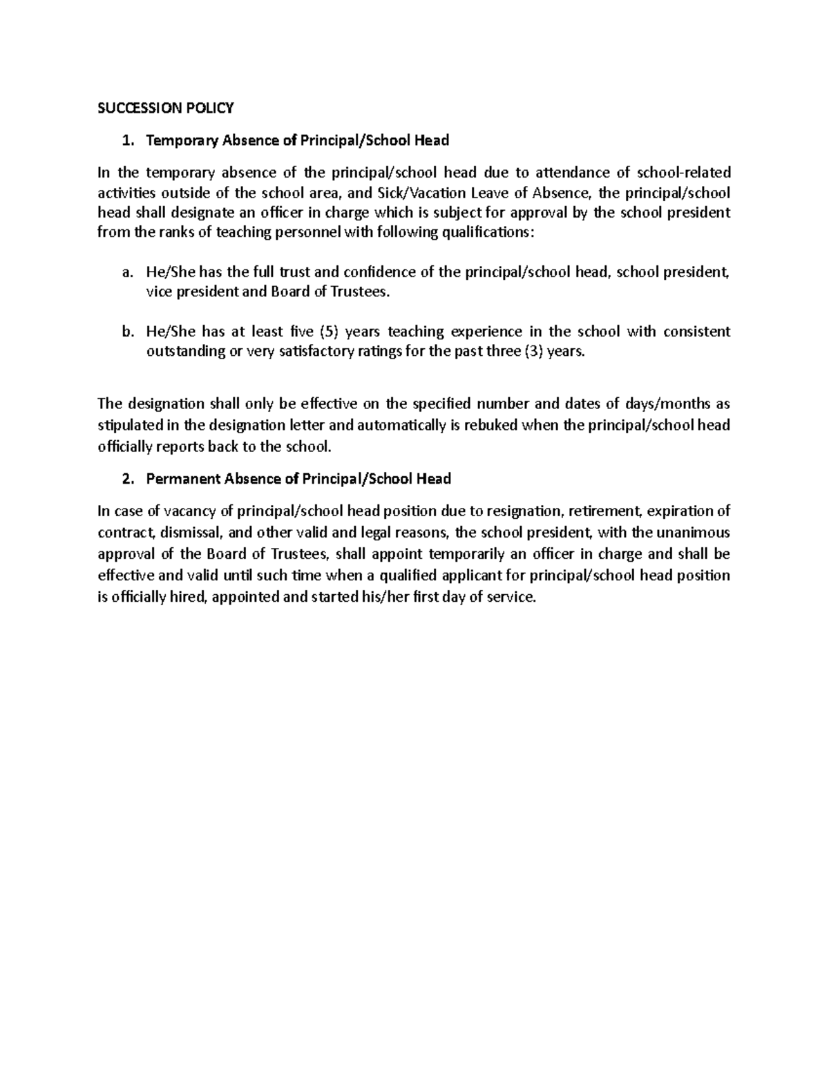 Succession Policy - SUCCESSION POLICY Temporary Absence of Principal ...