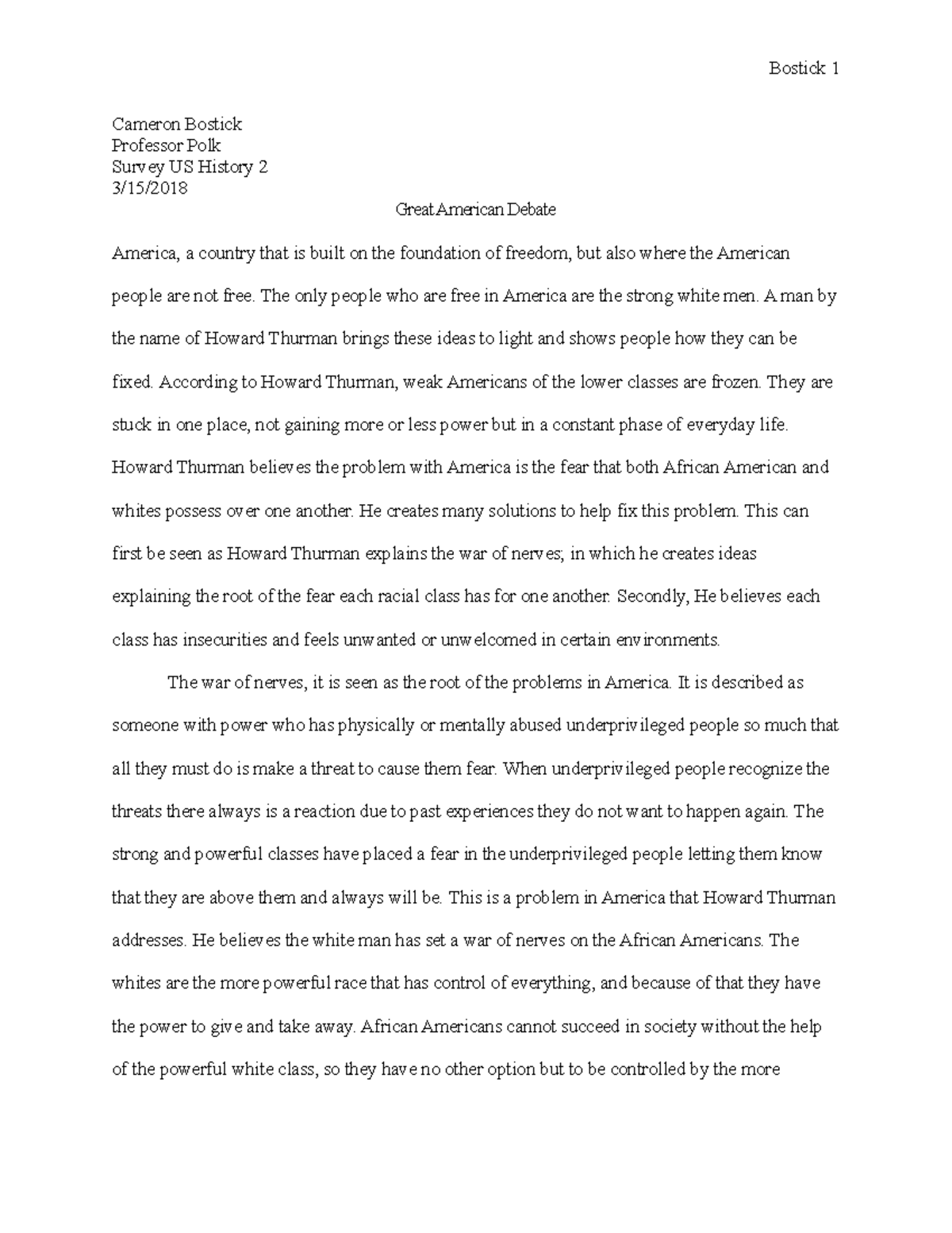 Great American Debate Essay - Bostick 1 Cameron Bostick Professor Polk ...